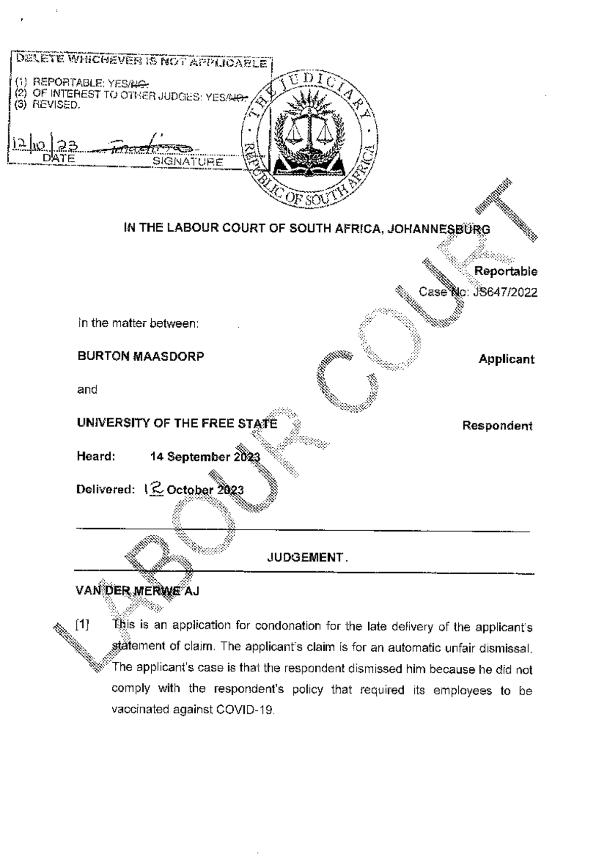 Case law labour - DELETE WHICHEVER IS NOT APPLICABLE (1) REPORTABLE: (2 ...