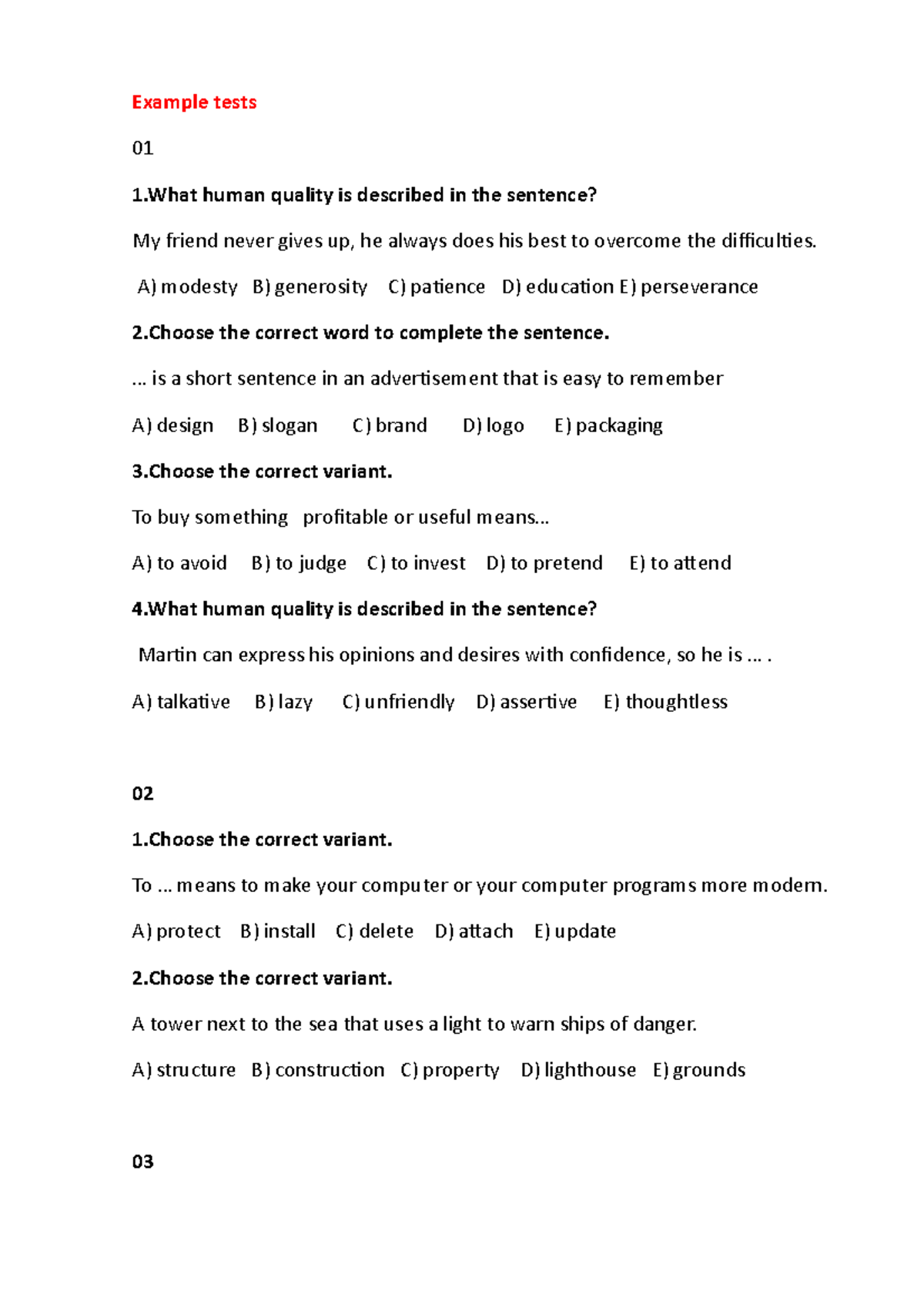 Example tests - Business and Management - UNEC - Studocu