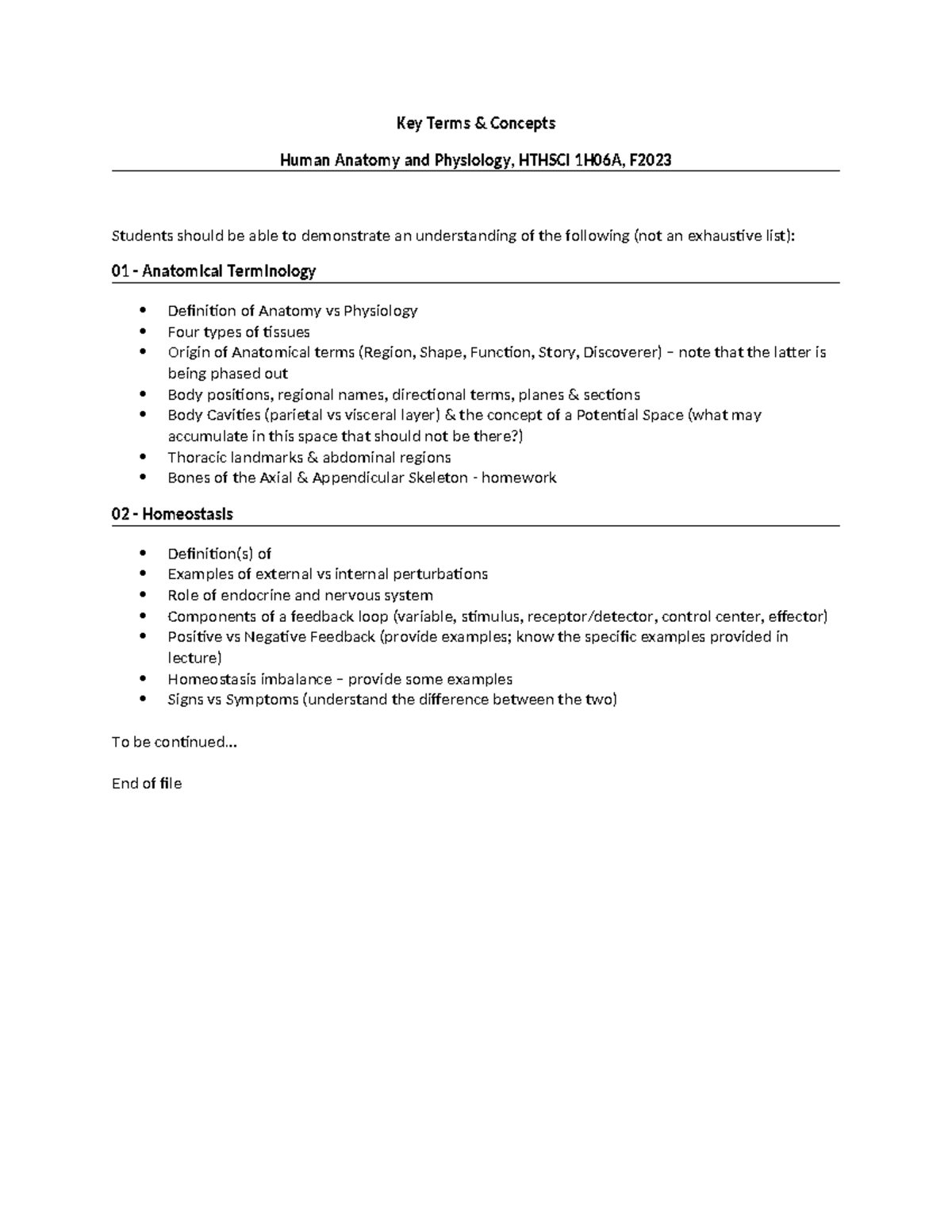 Key Terms & Concepts 1H06 F2023 append - Key Terms & Concepts Human Anatomy and Physiology ...