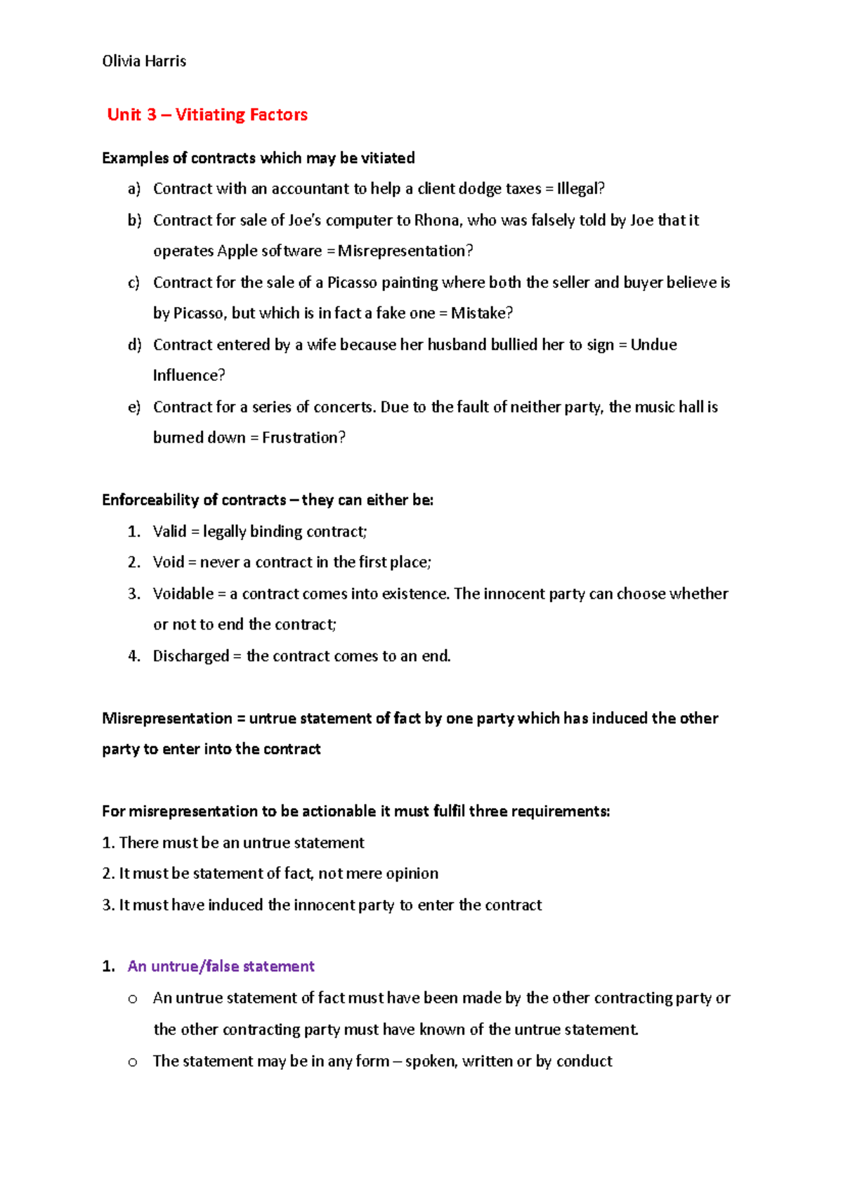 Vitiating factors - Unit 3 – Vitiating Factors Examples of contracts ...