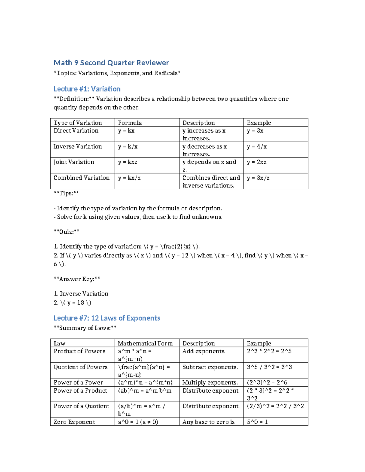 Math 9 2nd Quarter Reviewer-1 - Math 9 Second Quarter Reviewer Topics: Variations, Exponents ...