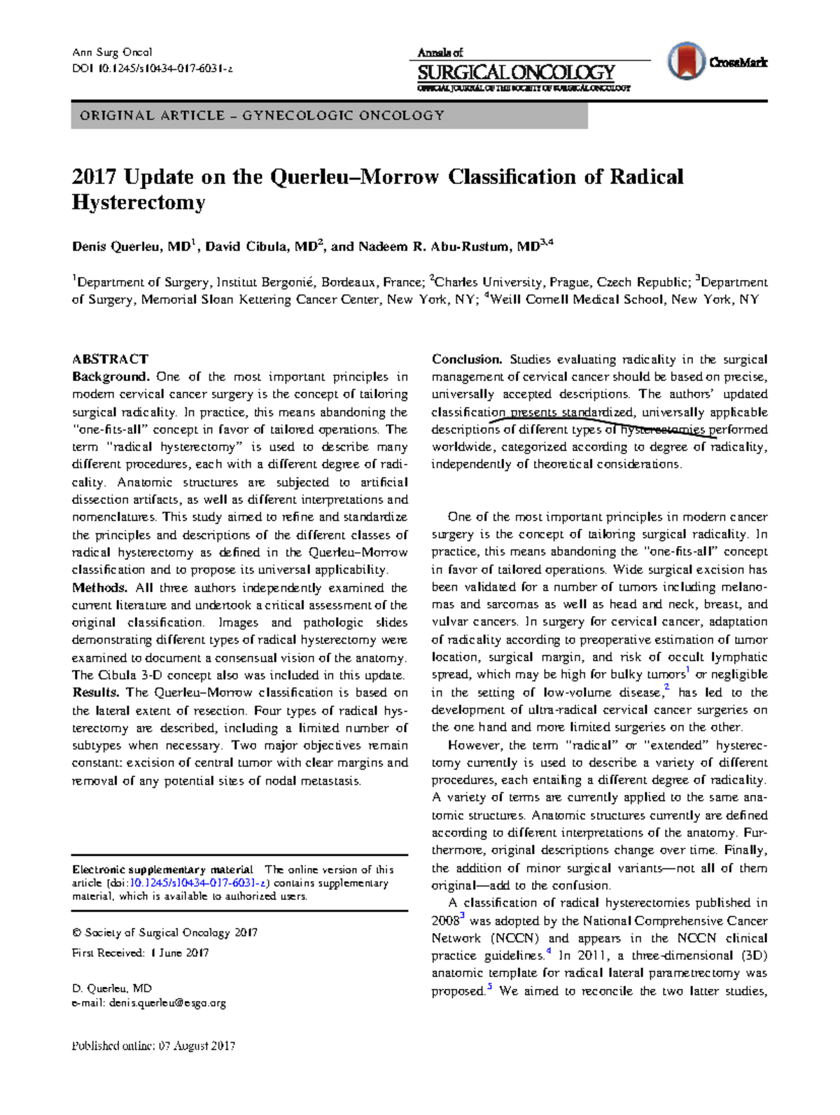2017 Update ON THE Querleu- Morrow Classification OF Radical ...