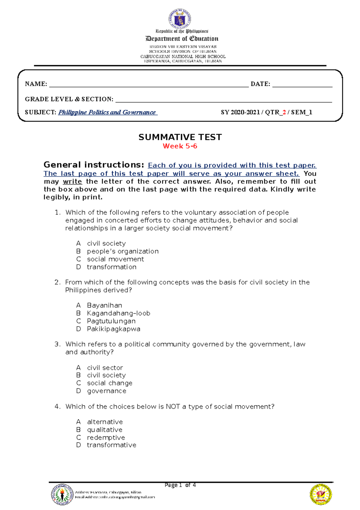 Summative Politics Q2 W5-6 - SUMMATIVE TEST Week 5- General ...