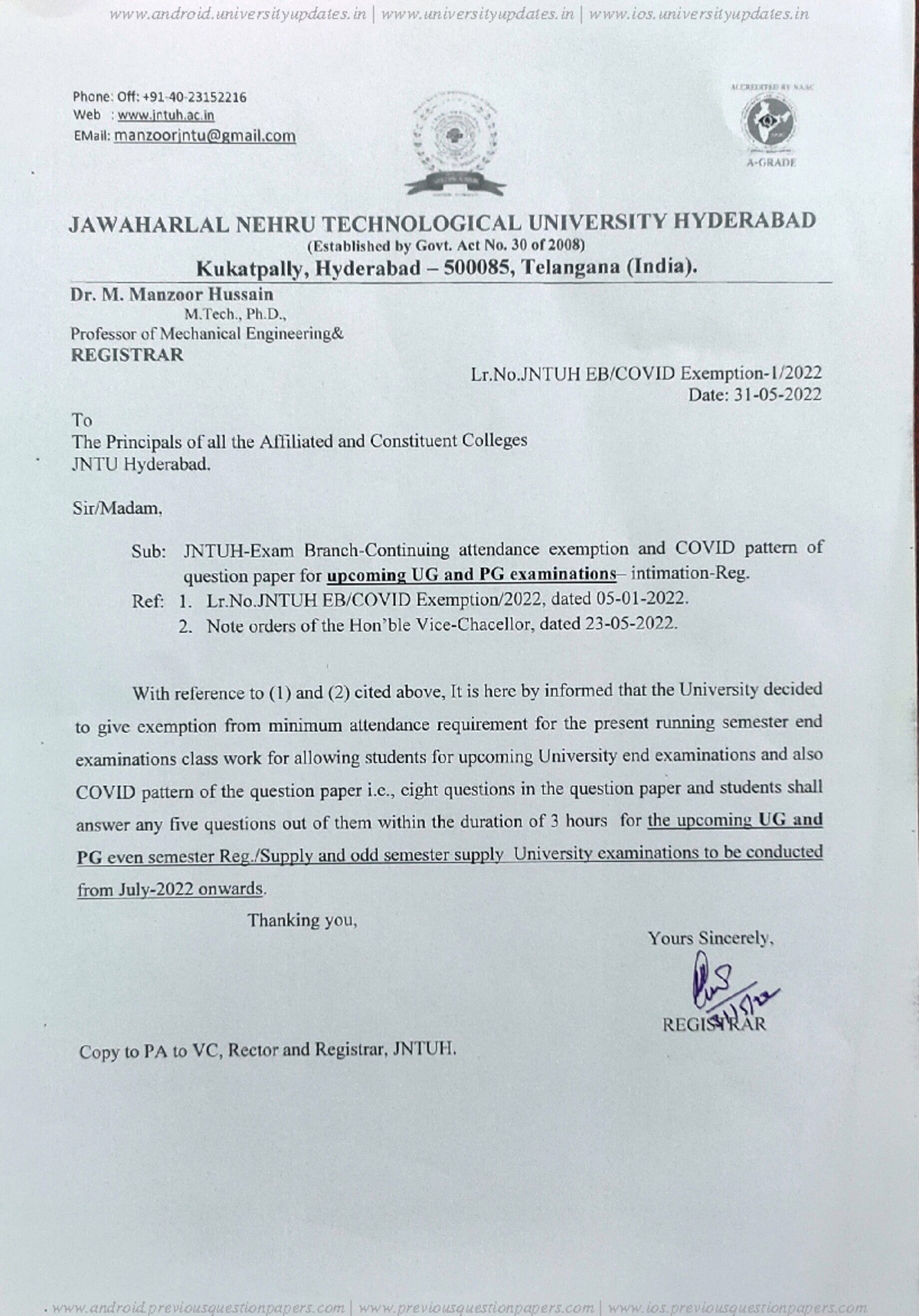 Jntuh Attendance Excemption and Covid pattern of question paper ...