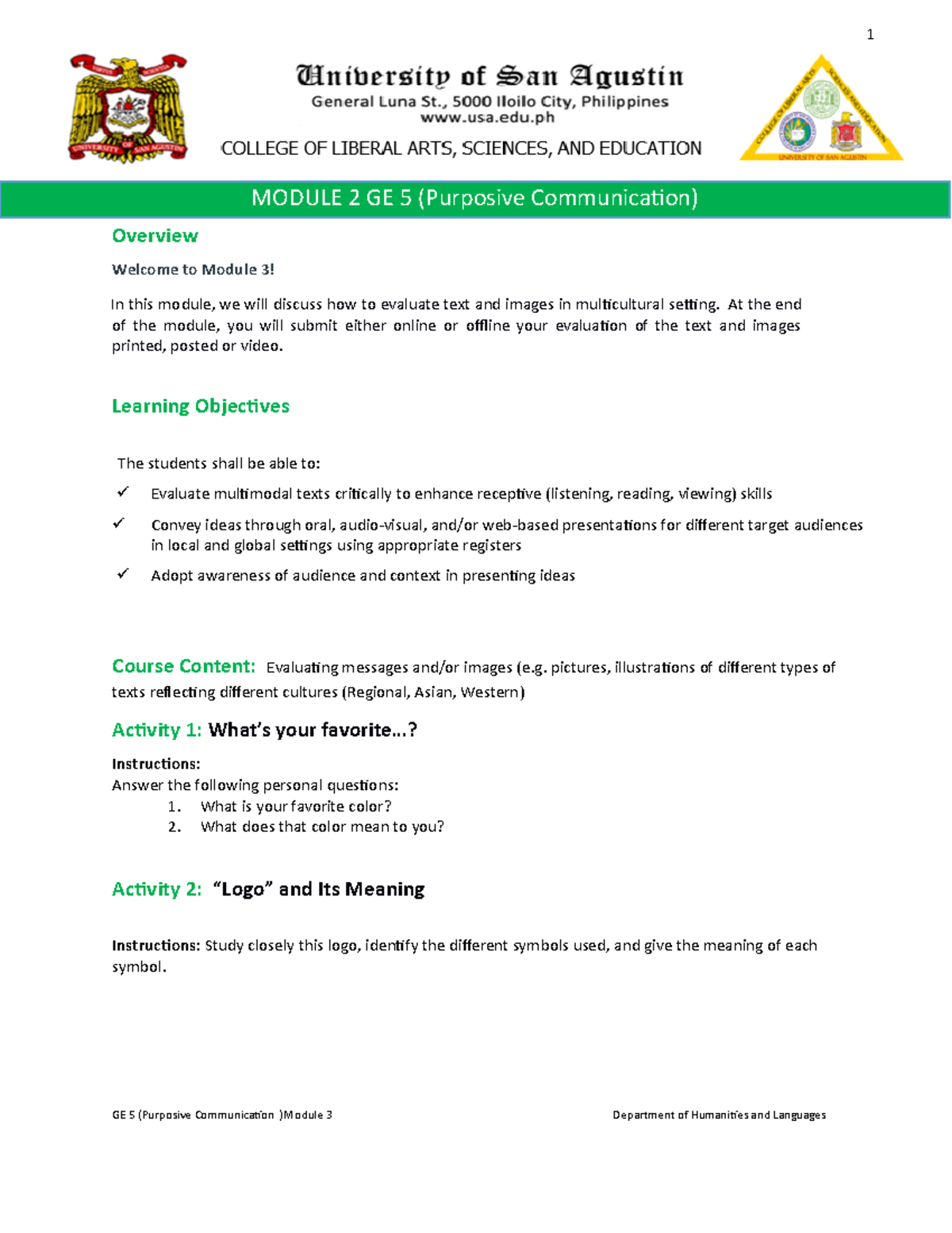 GE 5 Module 3 - Purposive communication - Overview Welcome to Module 3 ...