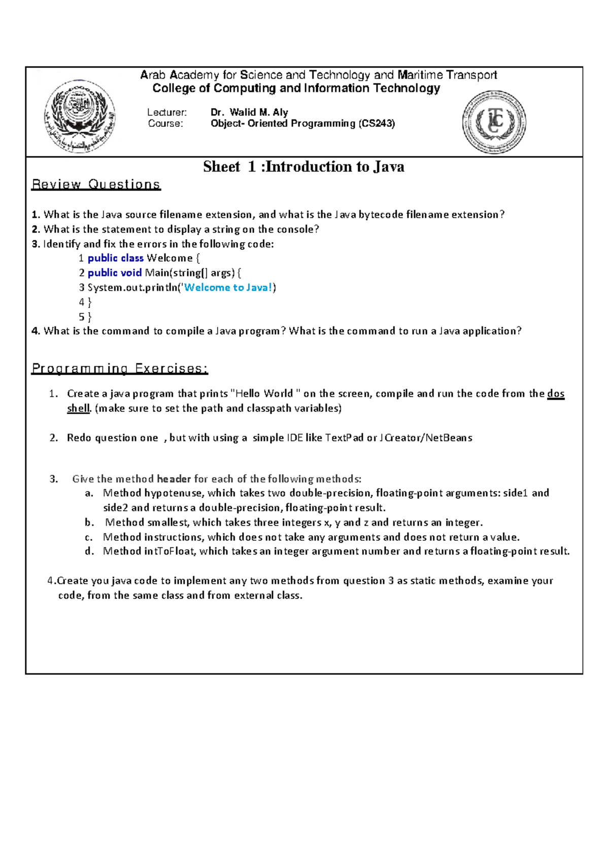 Sheet 1 Introduction to Java - Arab Academy for Science and Technology ...