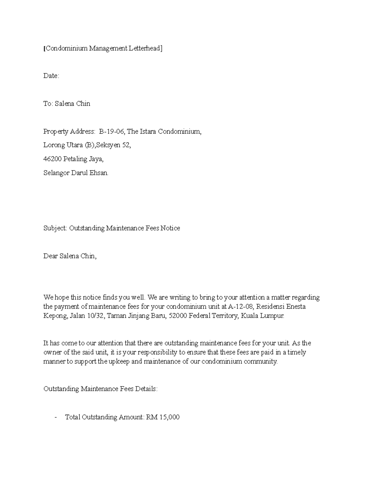 Condominium Management Notice Letter - [Condominium Management ...