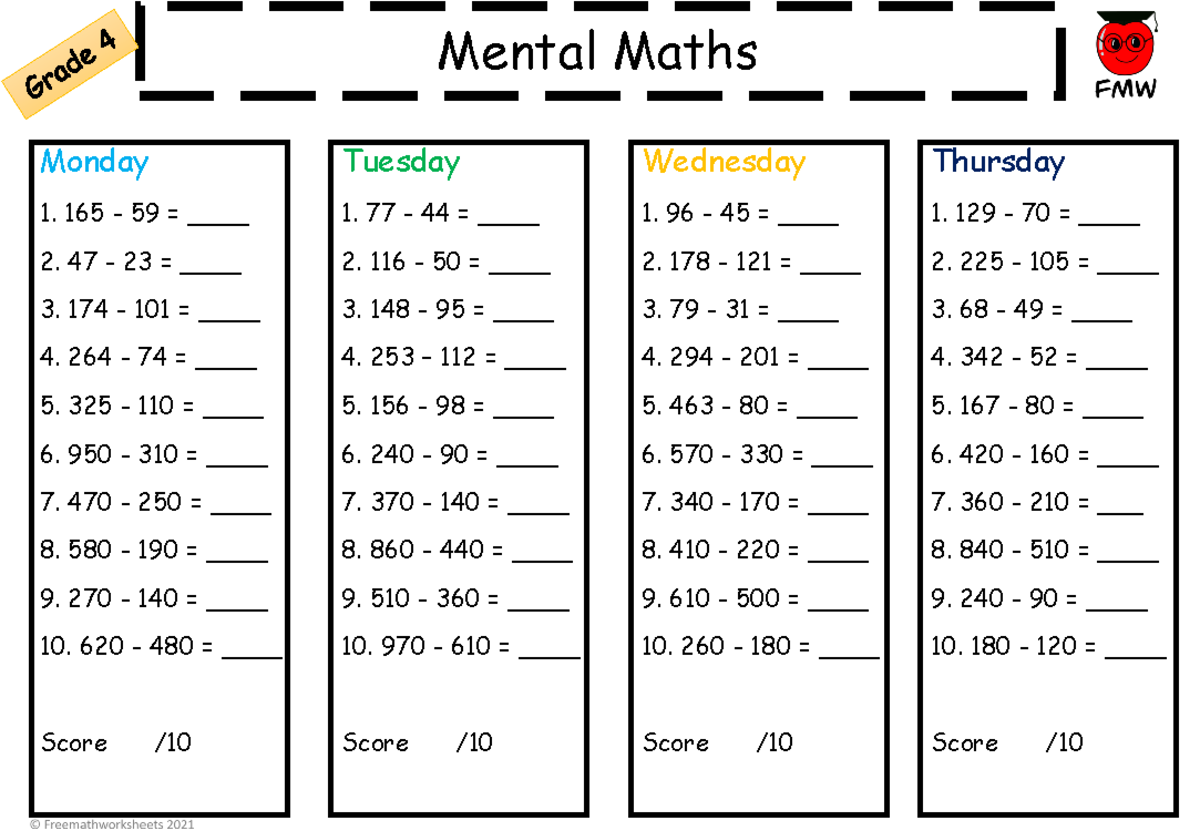 Grade 4 Mental Maths Subtraction Worksheet 1 - Monday 1. 165 - 59 ...