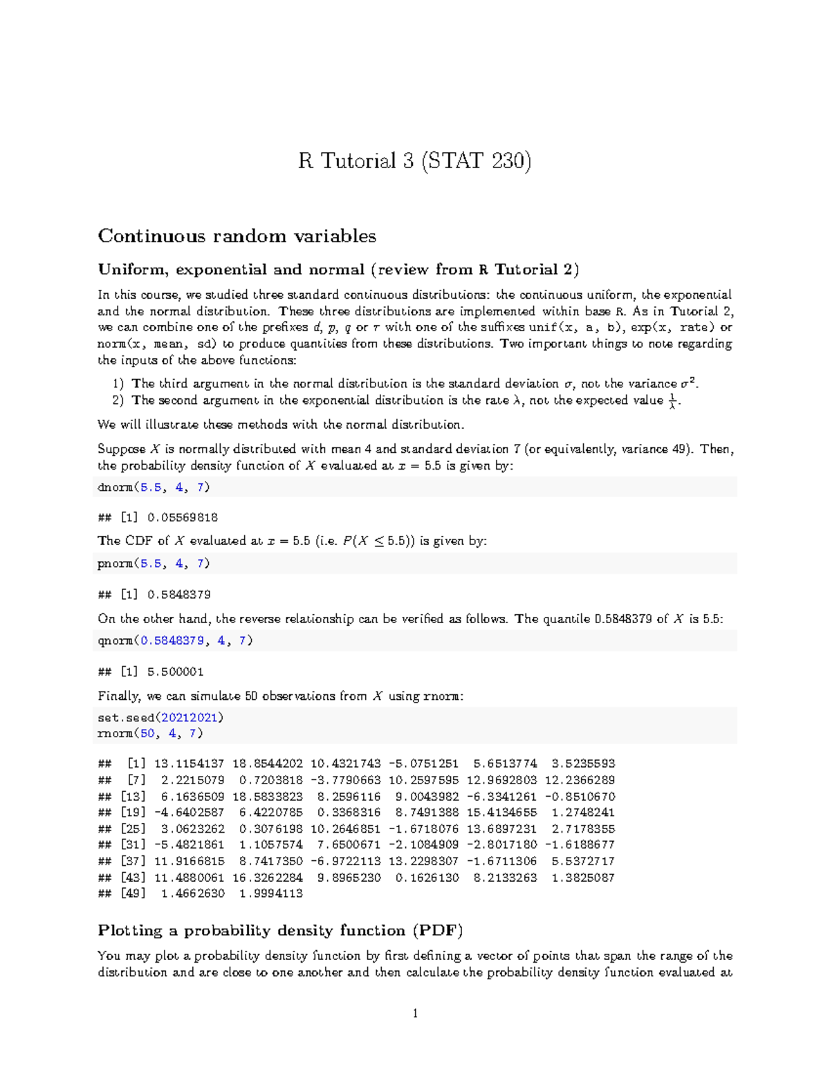 STAT 230 R Tutorial 3 - R Tutorial 3 (STAT 230) Continuous random variables Uniform, exponential ...
