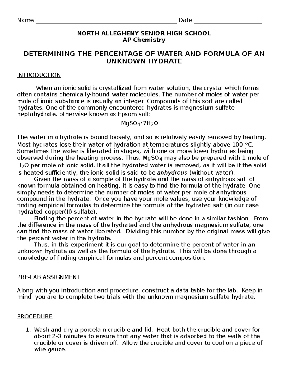 AP Chem Lab - Hydrate Lab - Name ...