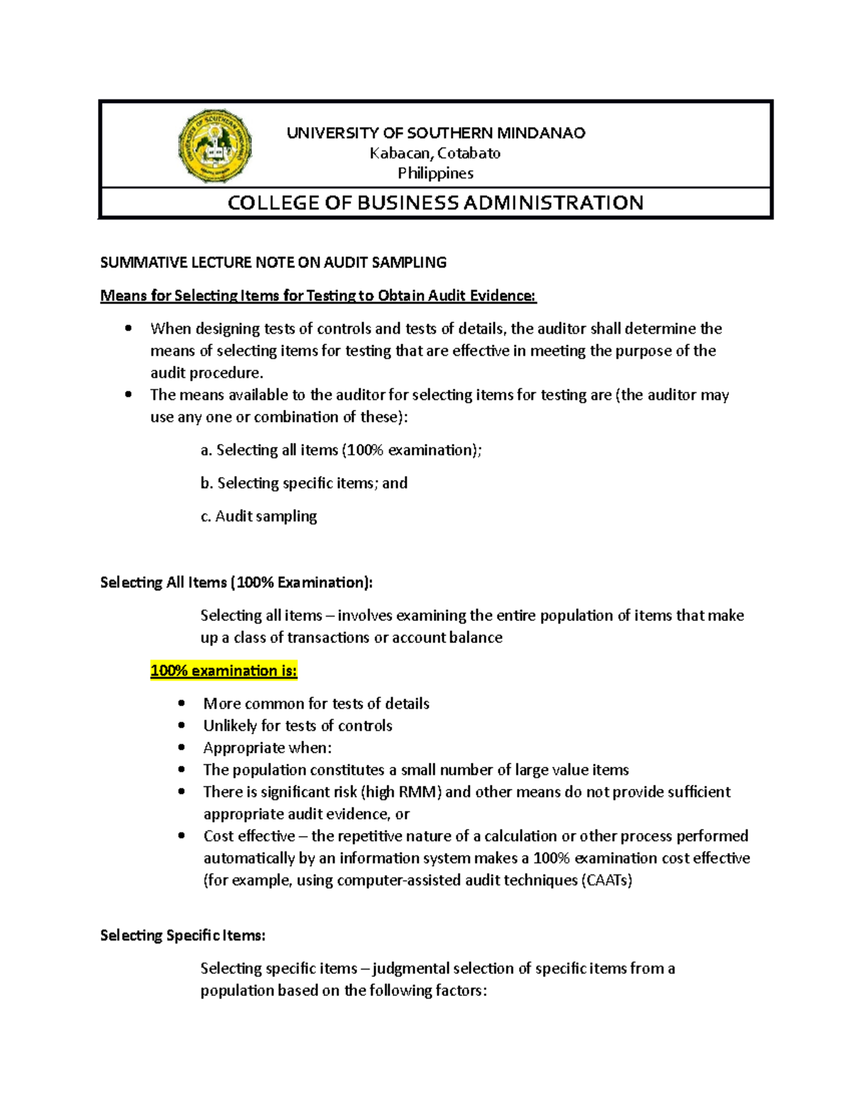 Notes on Audit Sampling - UNIVERSITY OF SOUTHERN MINDANAO Kabacan ...