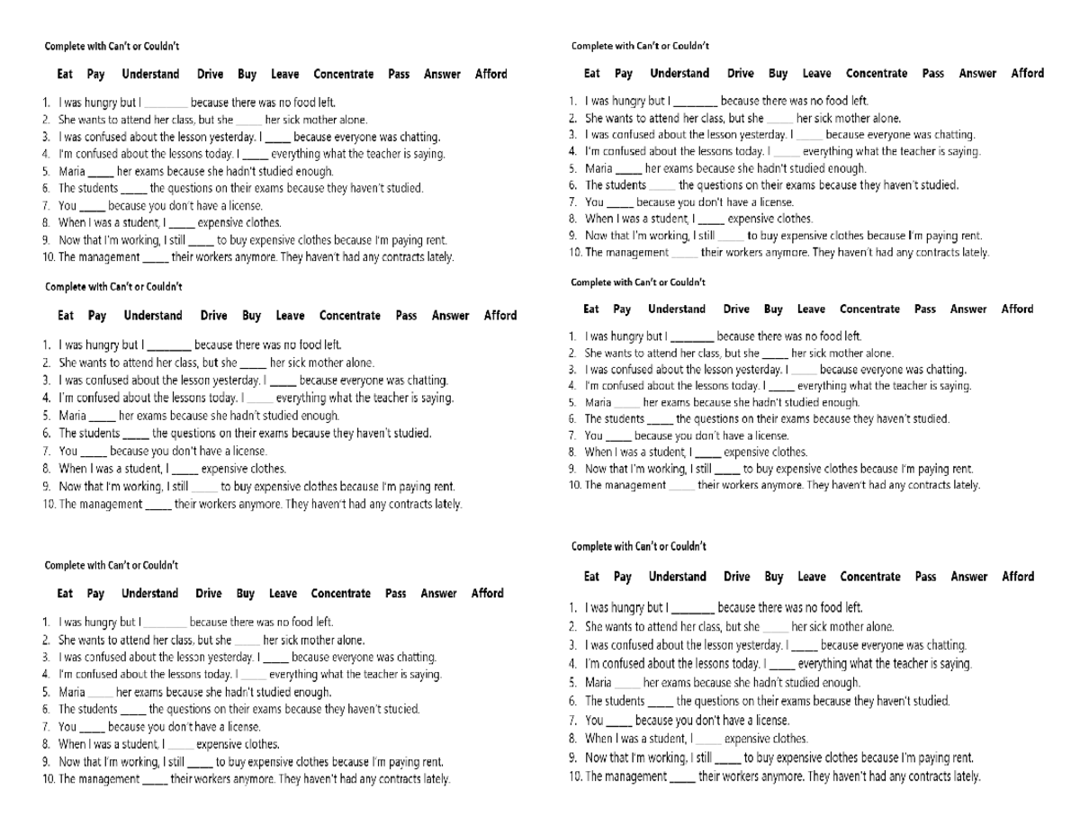 Can't couldn't - practice - Complete with or Complete with or Eat Pay ...