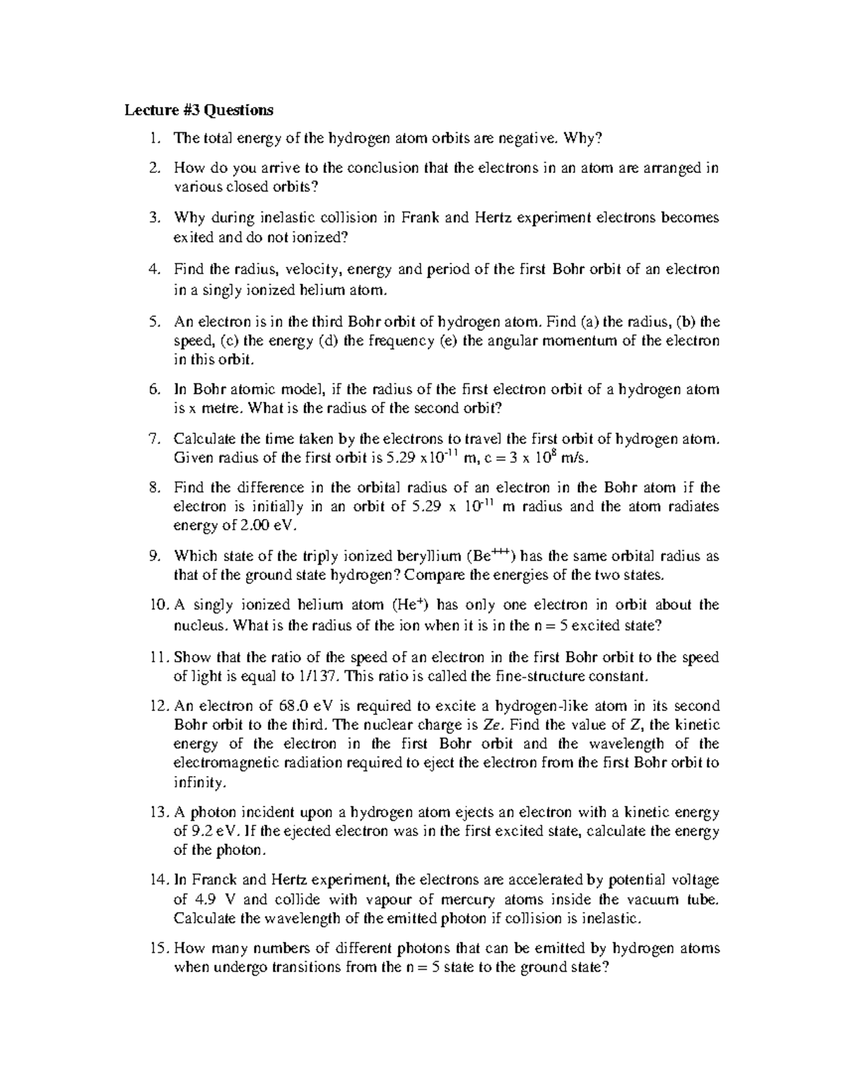 Tutorial Lecture 3 Set Of Questions For Practice Lecture 3 Questions The Total Energy Of 