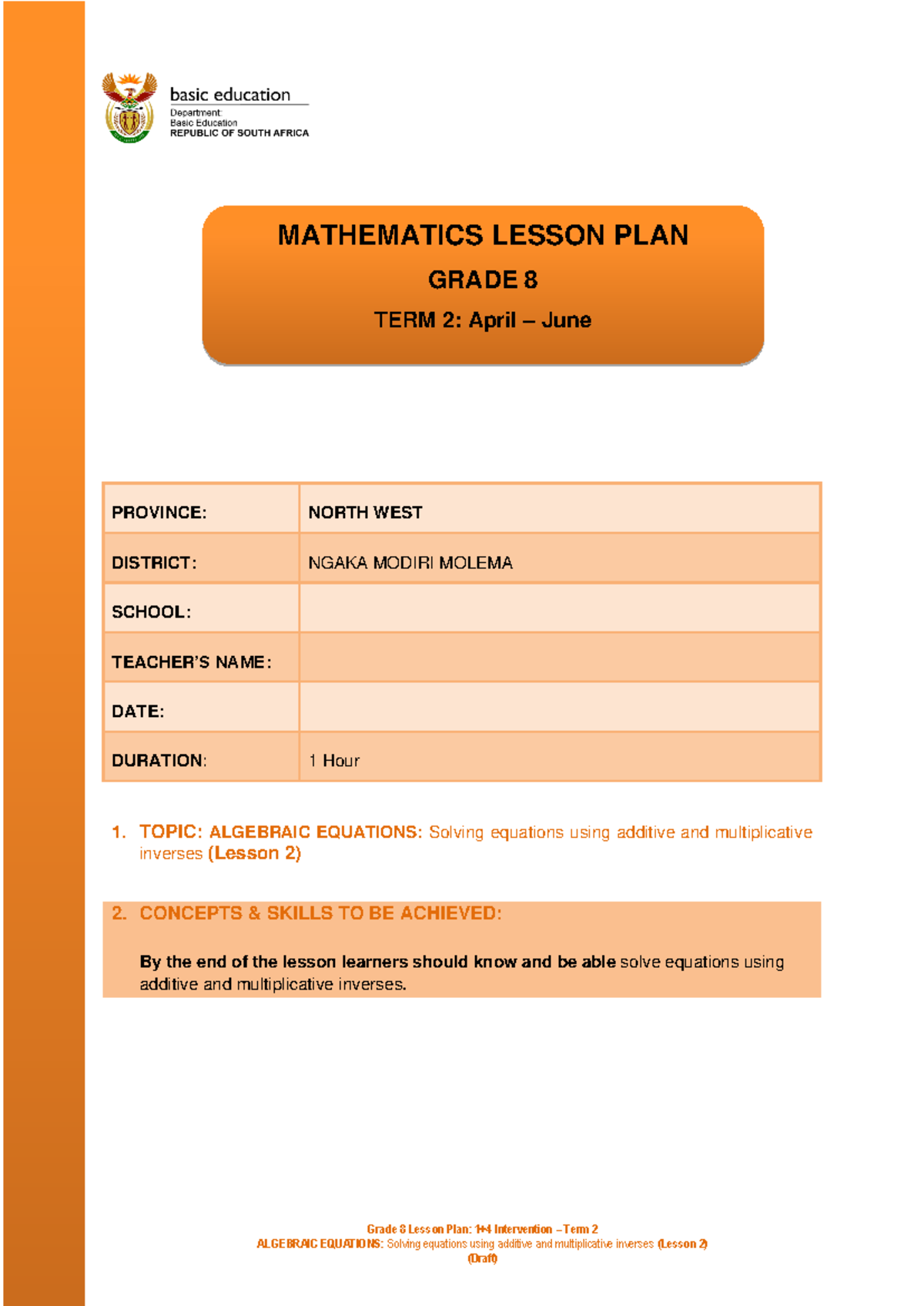 Equations Term 2 Lesson 2 Grade 8 - Grade 8 Lesson Plan: 1+4 ...