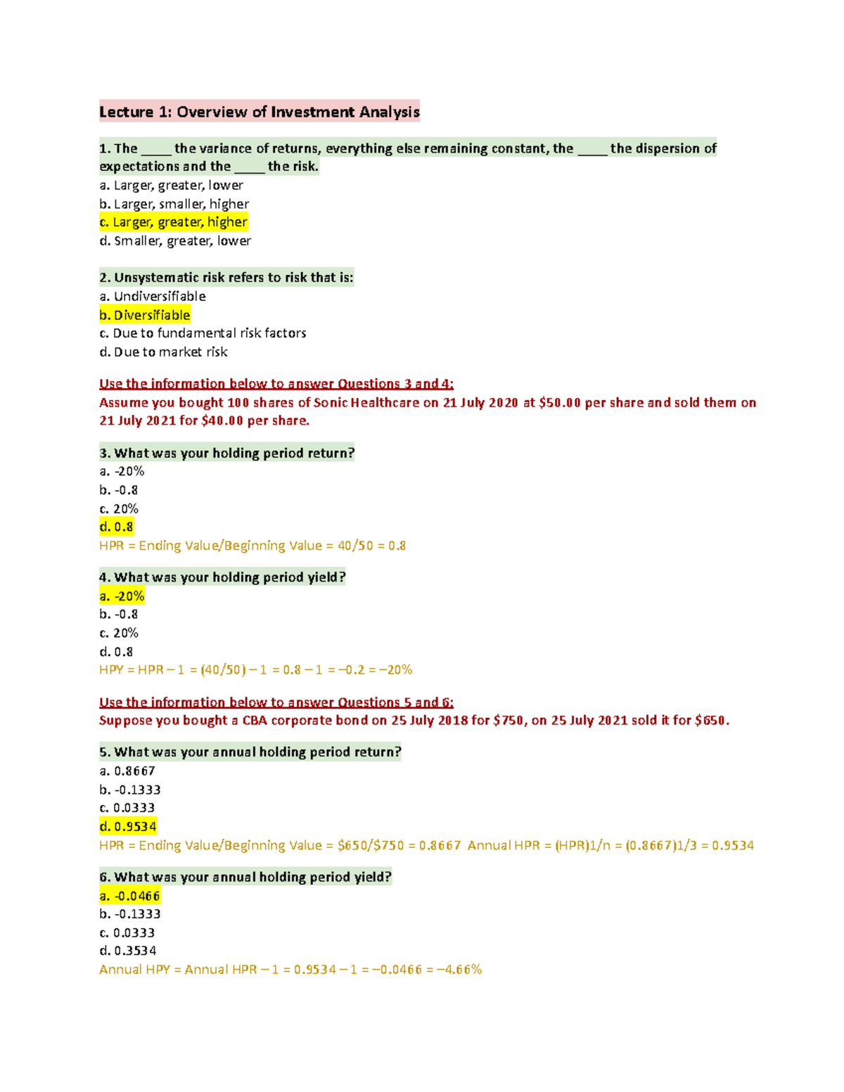Investment Analysis Tutorial Questions - Lecture 1: Overview of ...