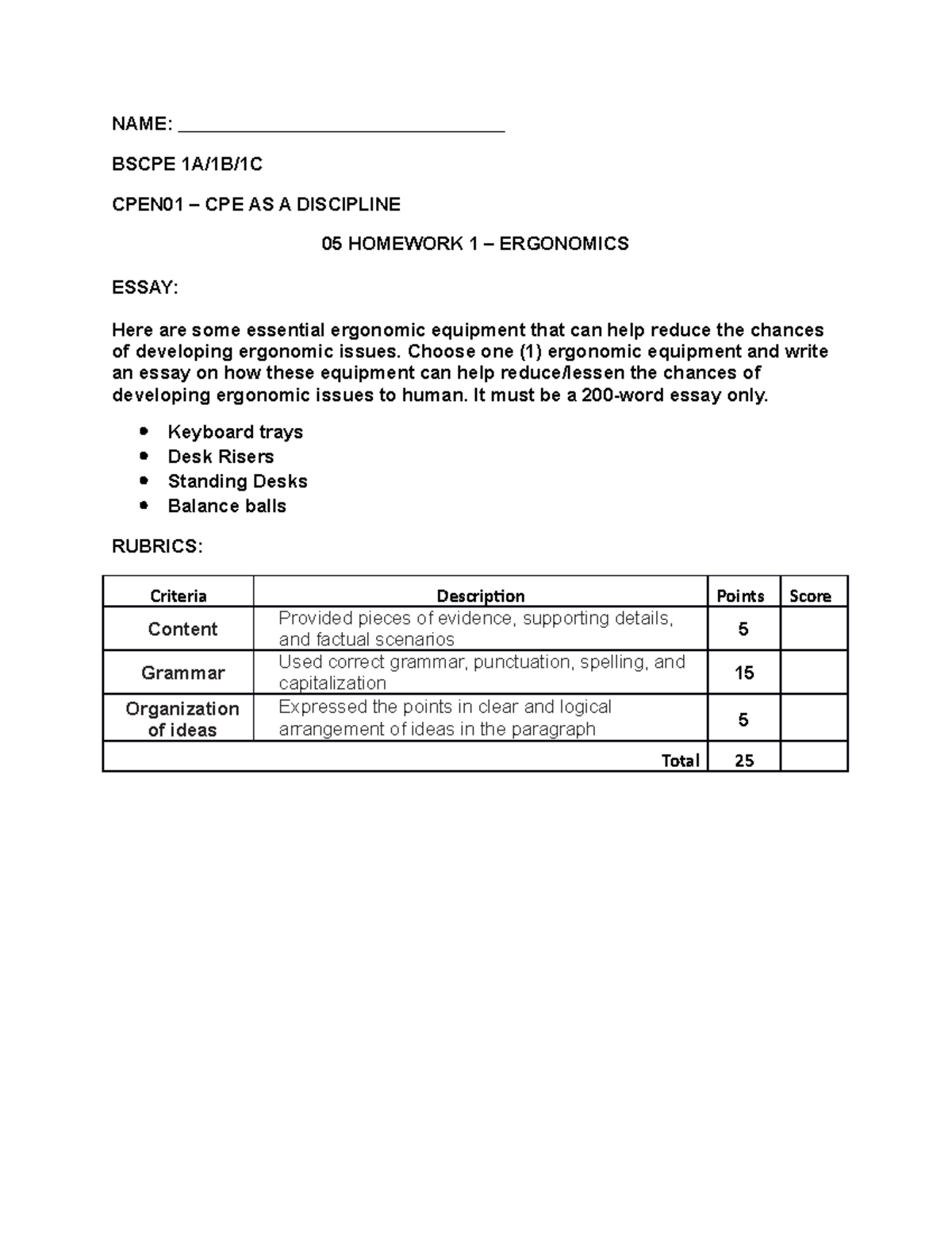 05 Homework 1 – Ergonomics - NAME: BSCPE 1A/1B/1C CPEN01 – CPE AS A ...