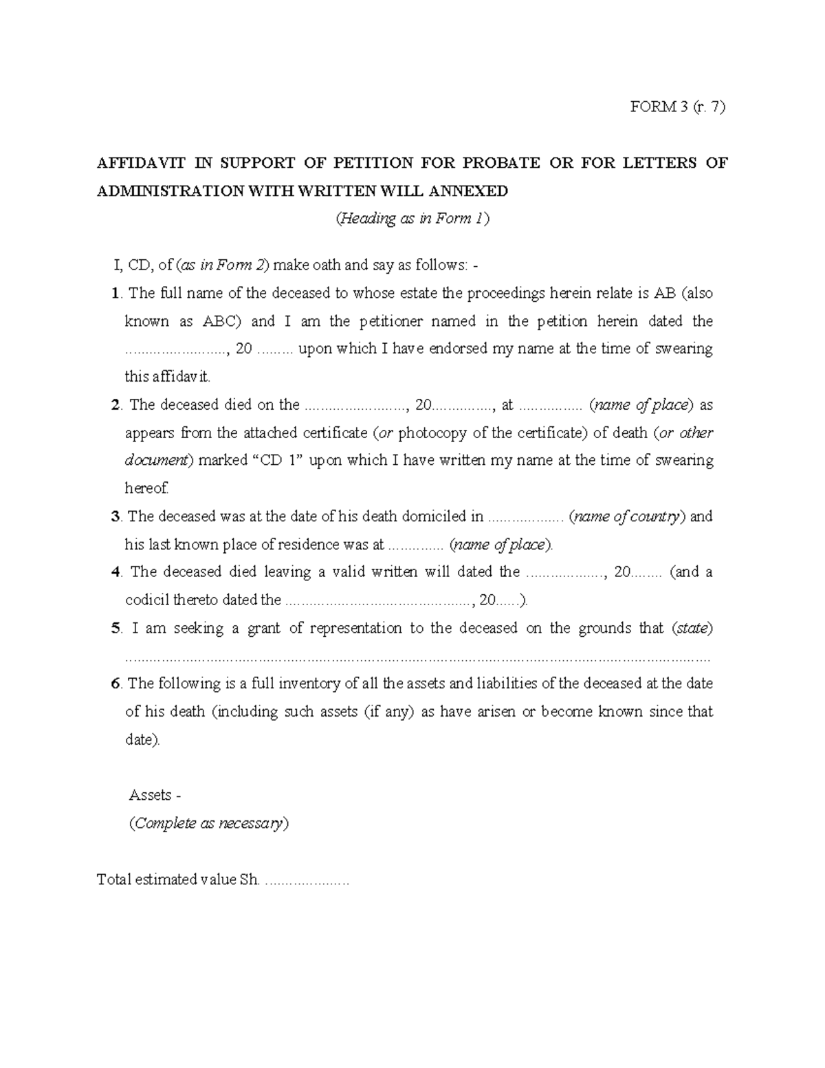 FORM 3- Affidavit IN Support OF Petition FOR Probate OR FOR Letters OF ...
