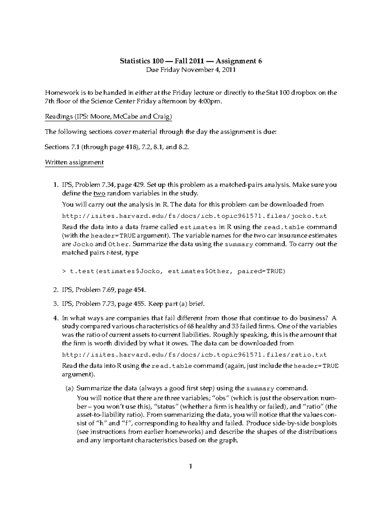 Seminar assignments - Questions and Answers 2011 - Statistics 100 Fall ...