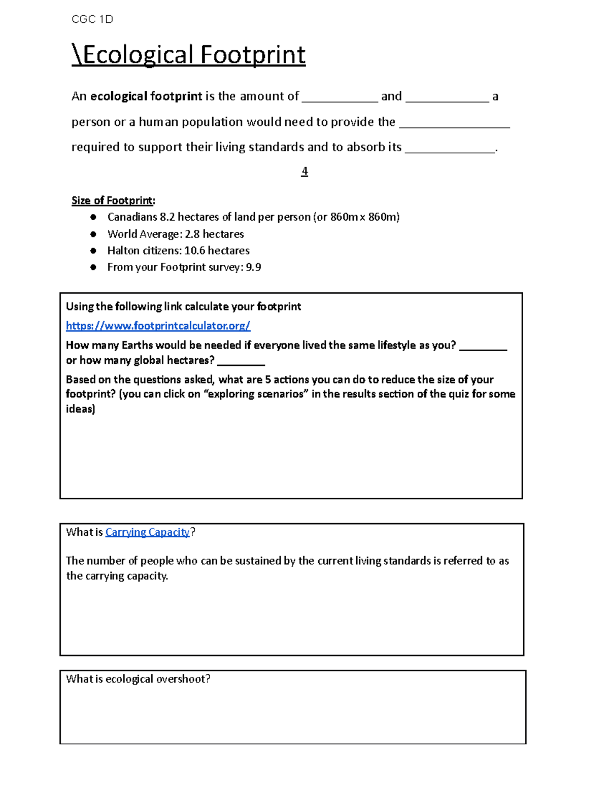 Ecological Footprint Note - CGC 1D \Ecological Footprint An ecological ...