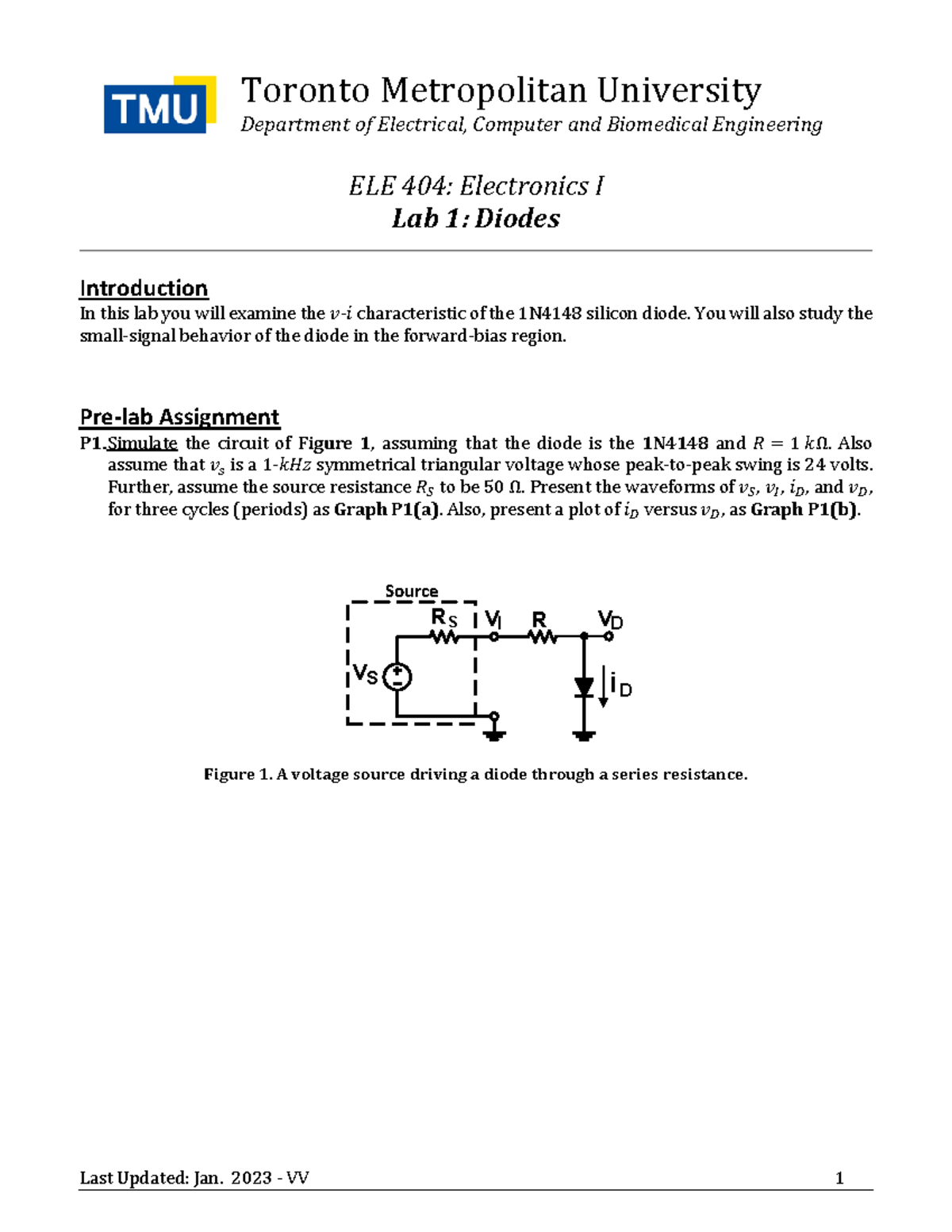 Lab1 Diodes - Lab document for ELE 404. - Last Updated: Jan. 2023 - VV ...