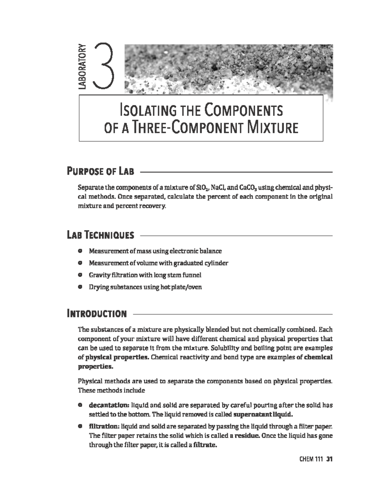 Lab 3 Mixture Lab Manual Pages - 3 ISOLATING THE COMPONENTS OF A MIXTURE PURPOSE OF LAB Separate ...