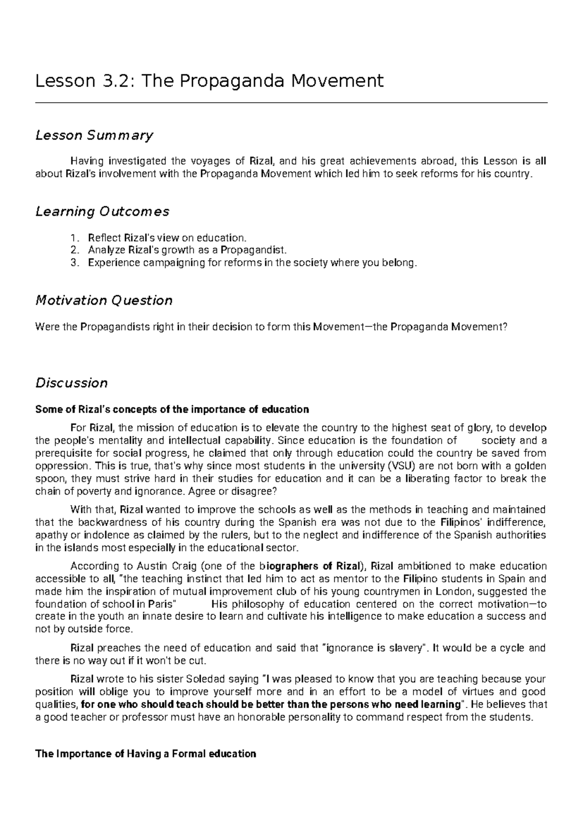 Lesson 3.2 The Propaganda Movement - Lesson 3: The Propaganda Movement ...