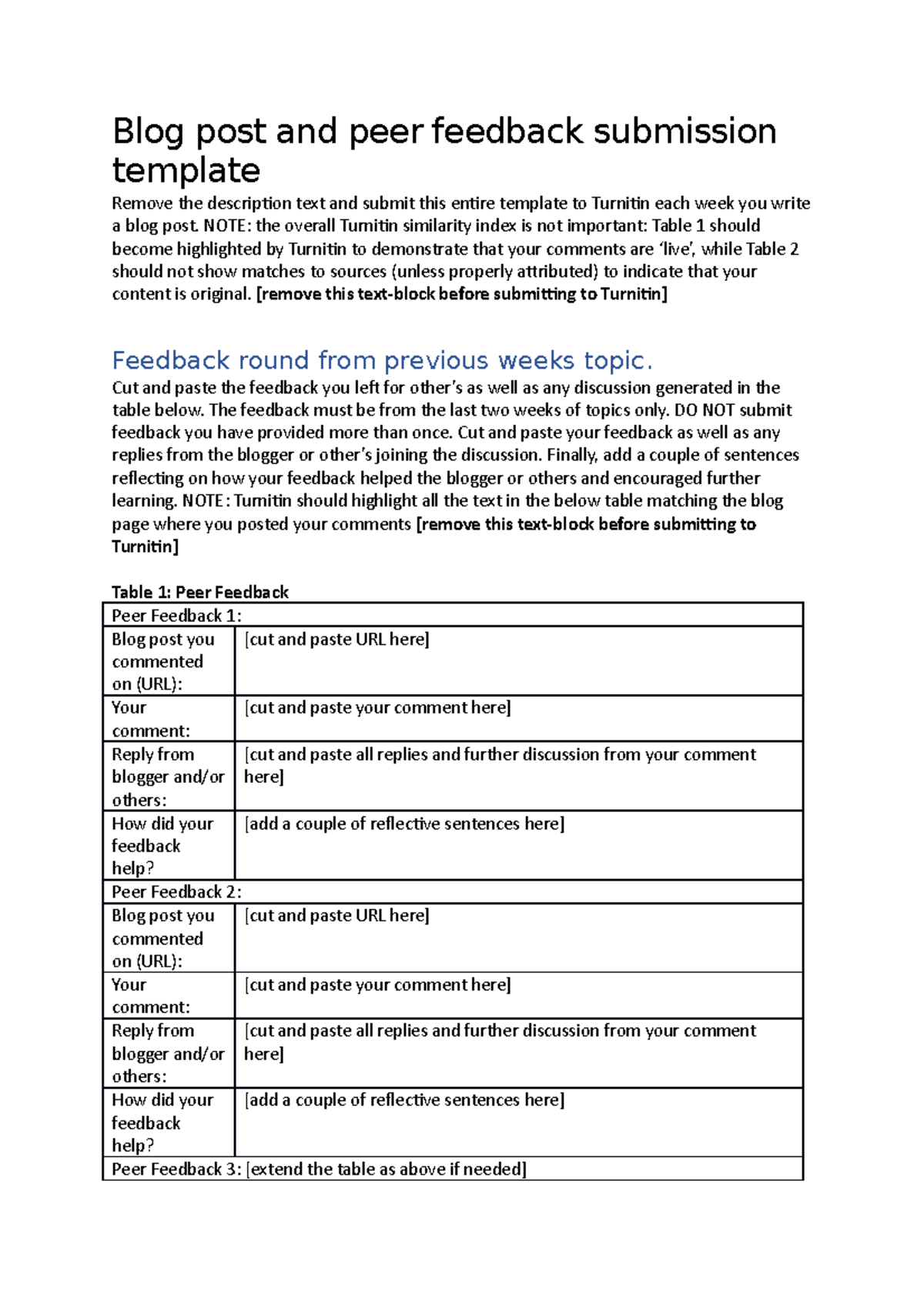 Blog post and peer feedback submission template - Blog post and peer ...