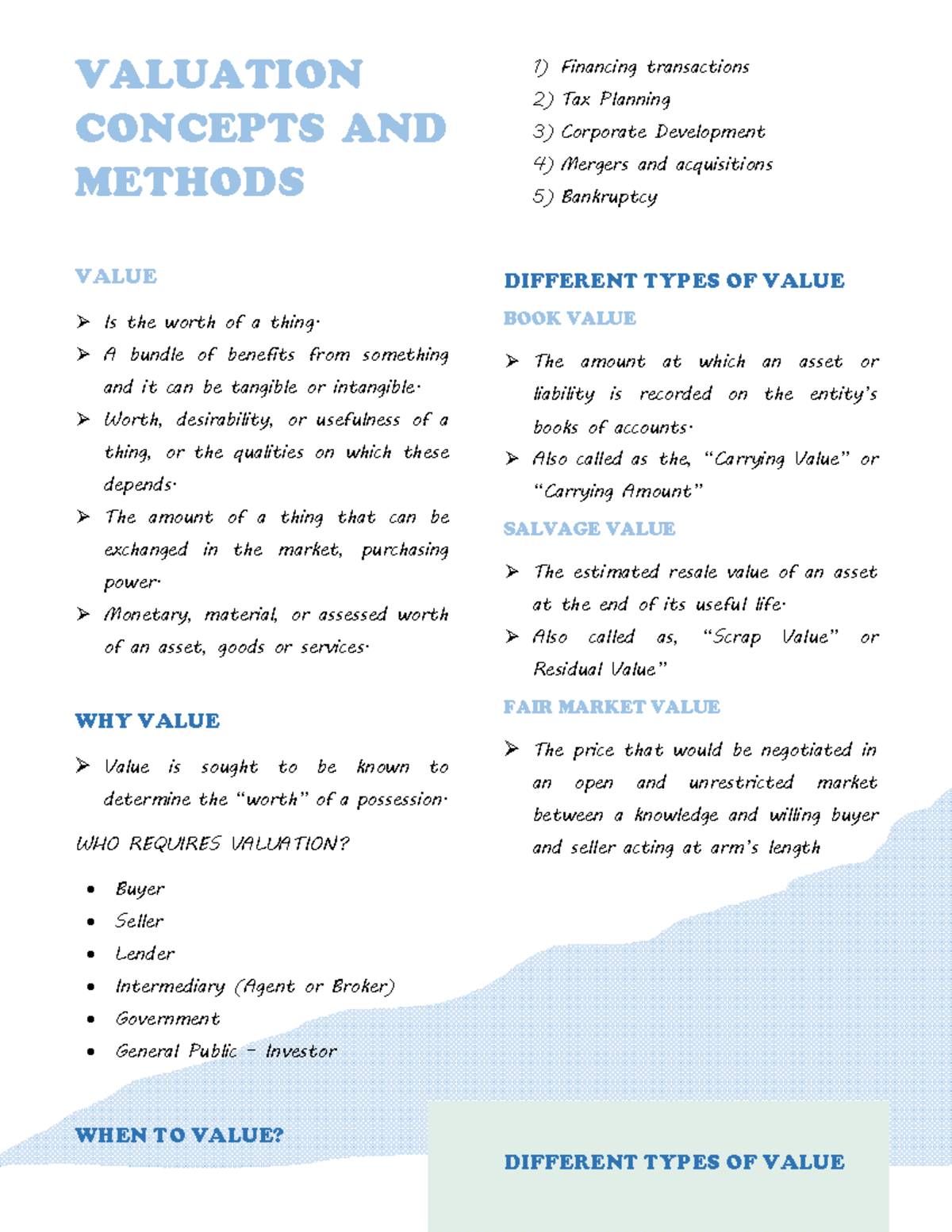 Valuation Concepts AND Methods - VALUATION CONCEPTS AND METHODS VALUE Is the worth of a thing. A ...
