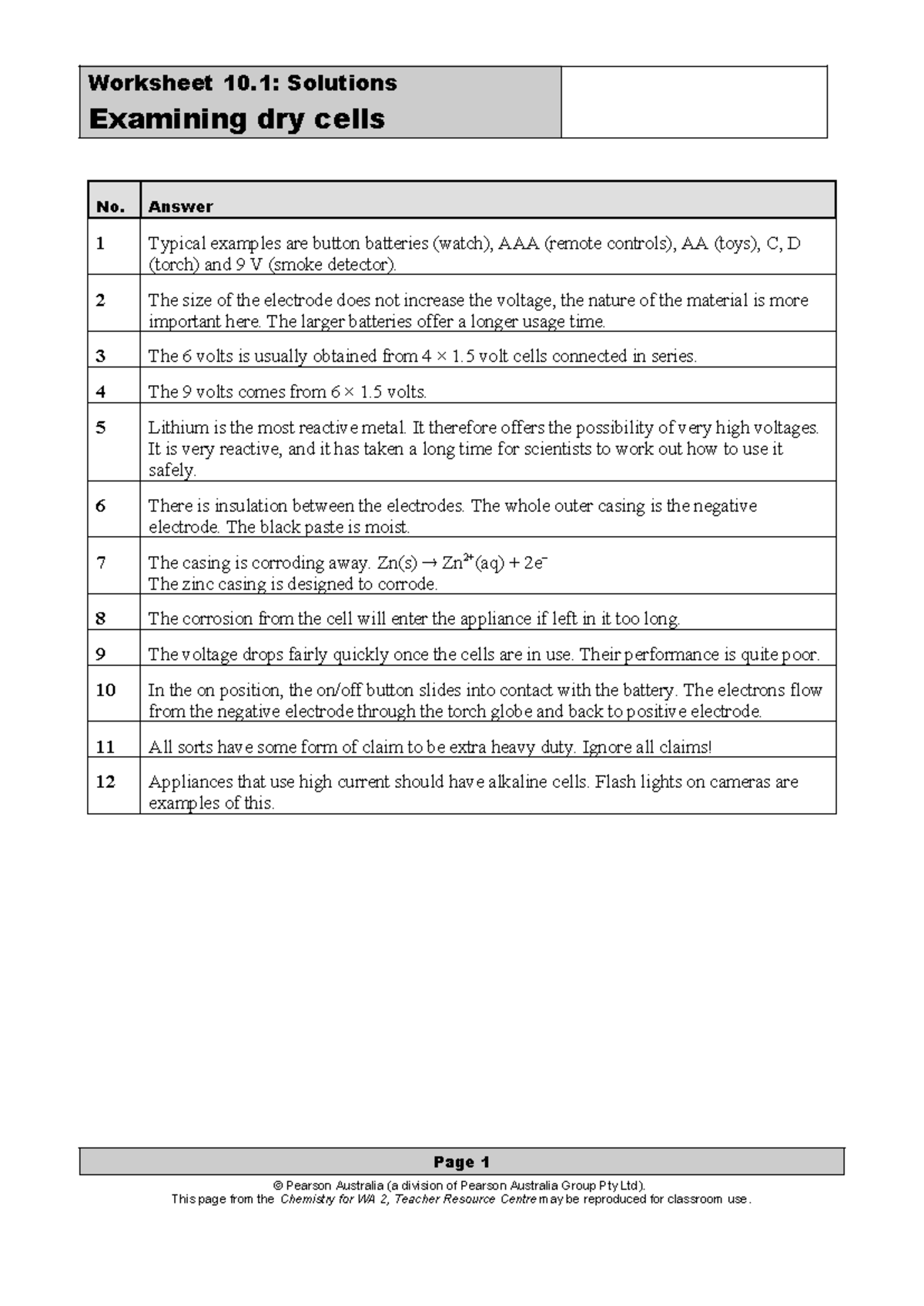 CWA 2 Dry Cells Worksheet Solutions - Worksheet 10: Solutions Examining ...