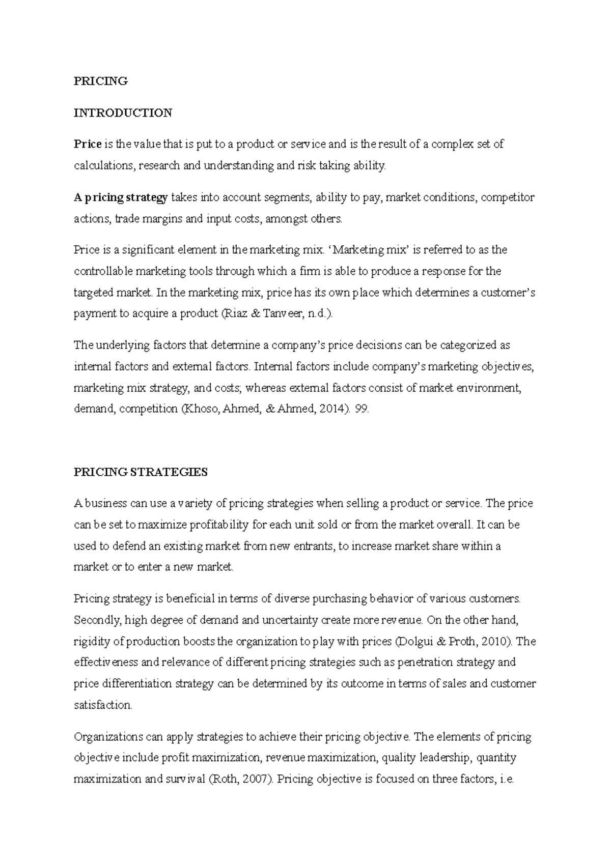 Pricing - Lecture notes 10 - PRICING INTRODUCTION Price is the value ...