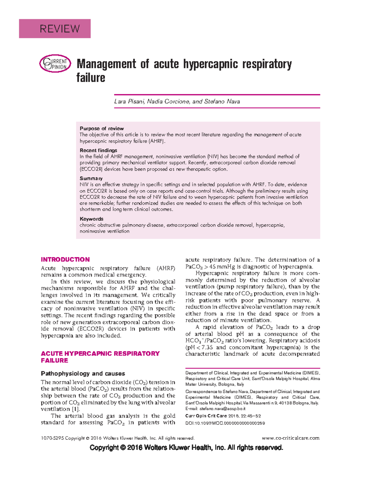 2016 - Management of acute hypercapnic respiratory - C URRENT OPINION ...