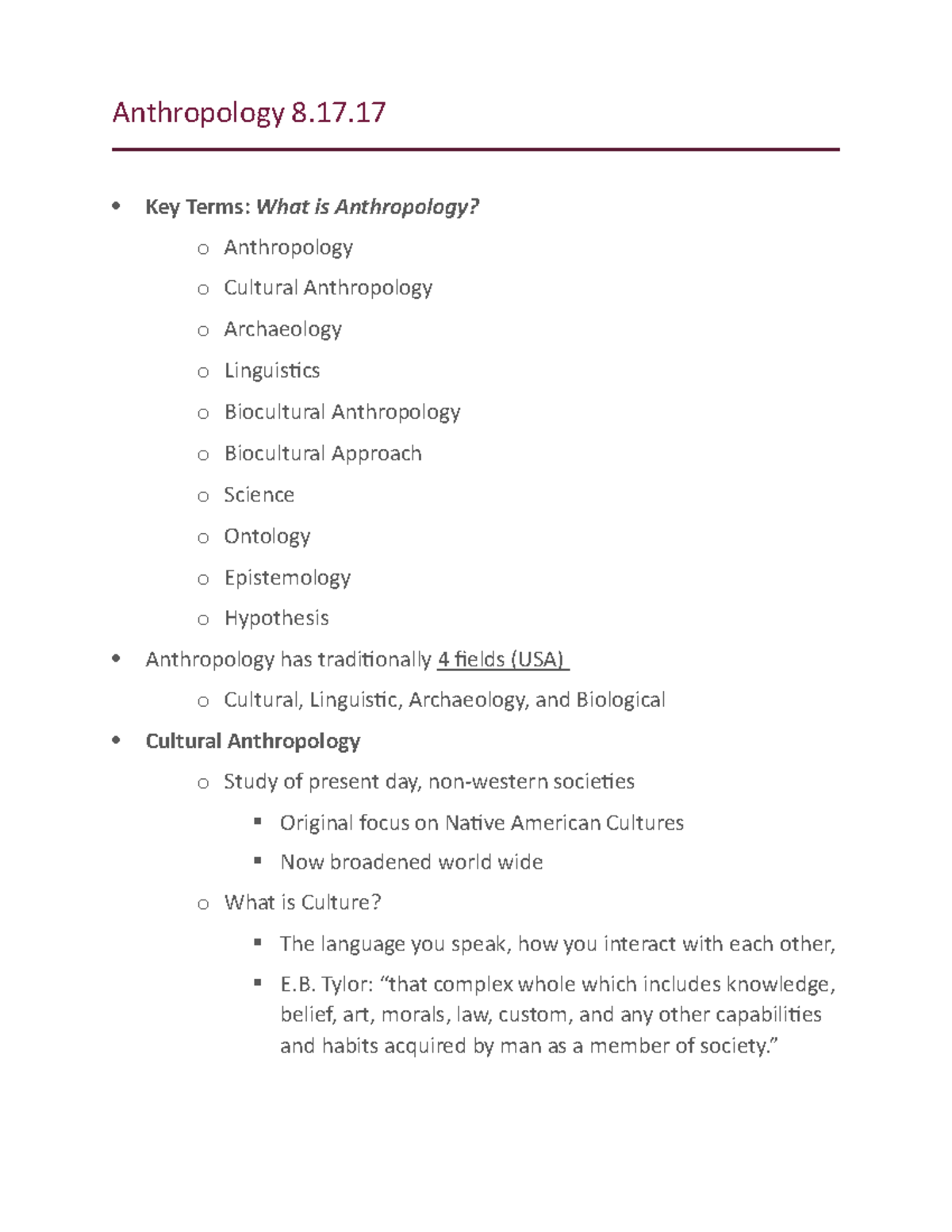 AN 8 - Lecture notes 1 - Anthropology 8.17 Key Terms: What is ...