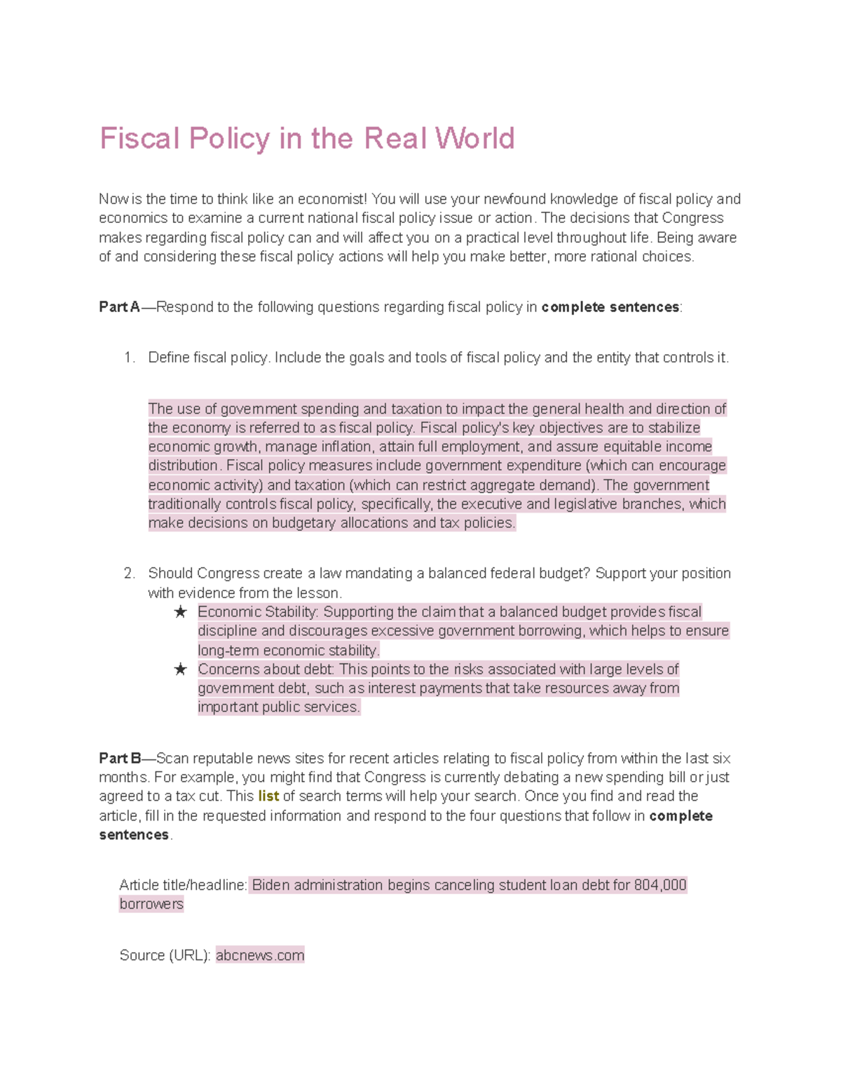 Fiscal Policy in the Real World - The decisions that Congress makes ...