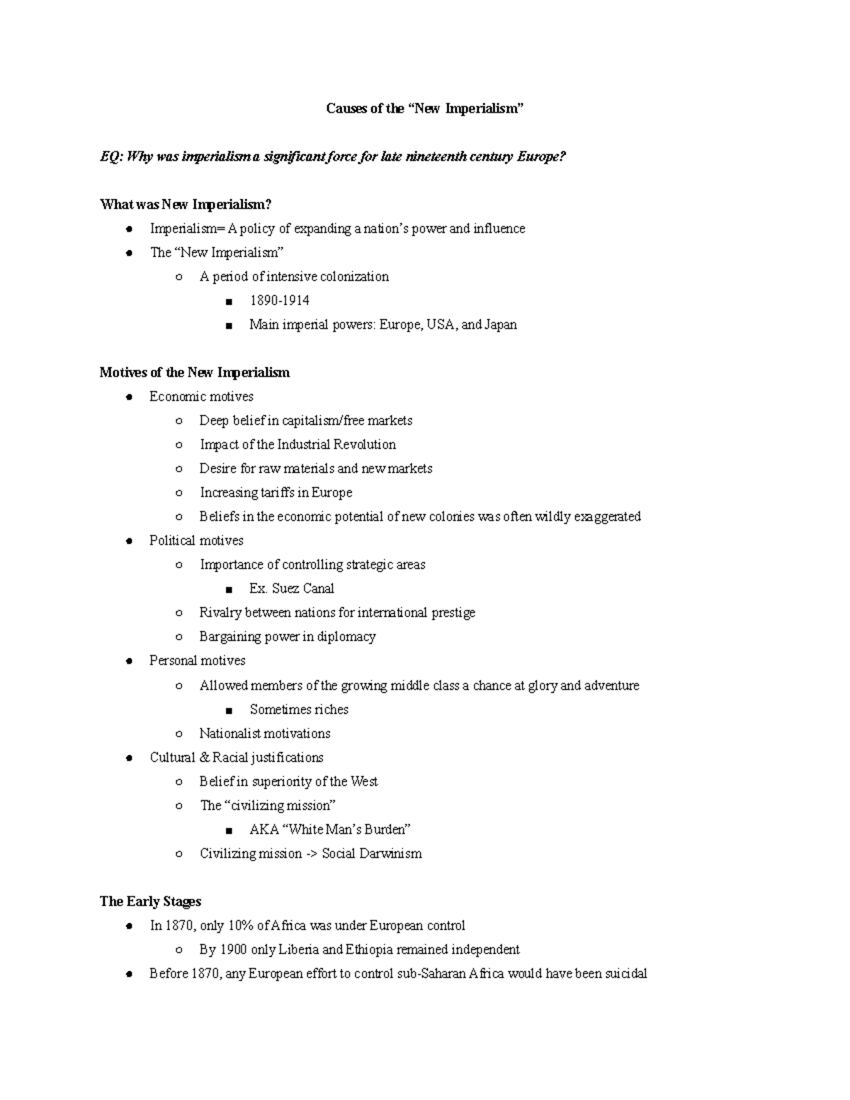 HOTA - Unit 1 The New Imperialism (1870-1914) - Causes of the