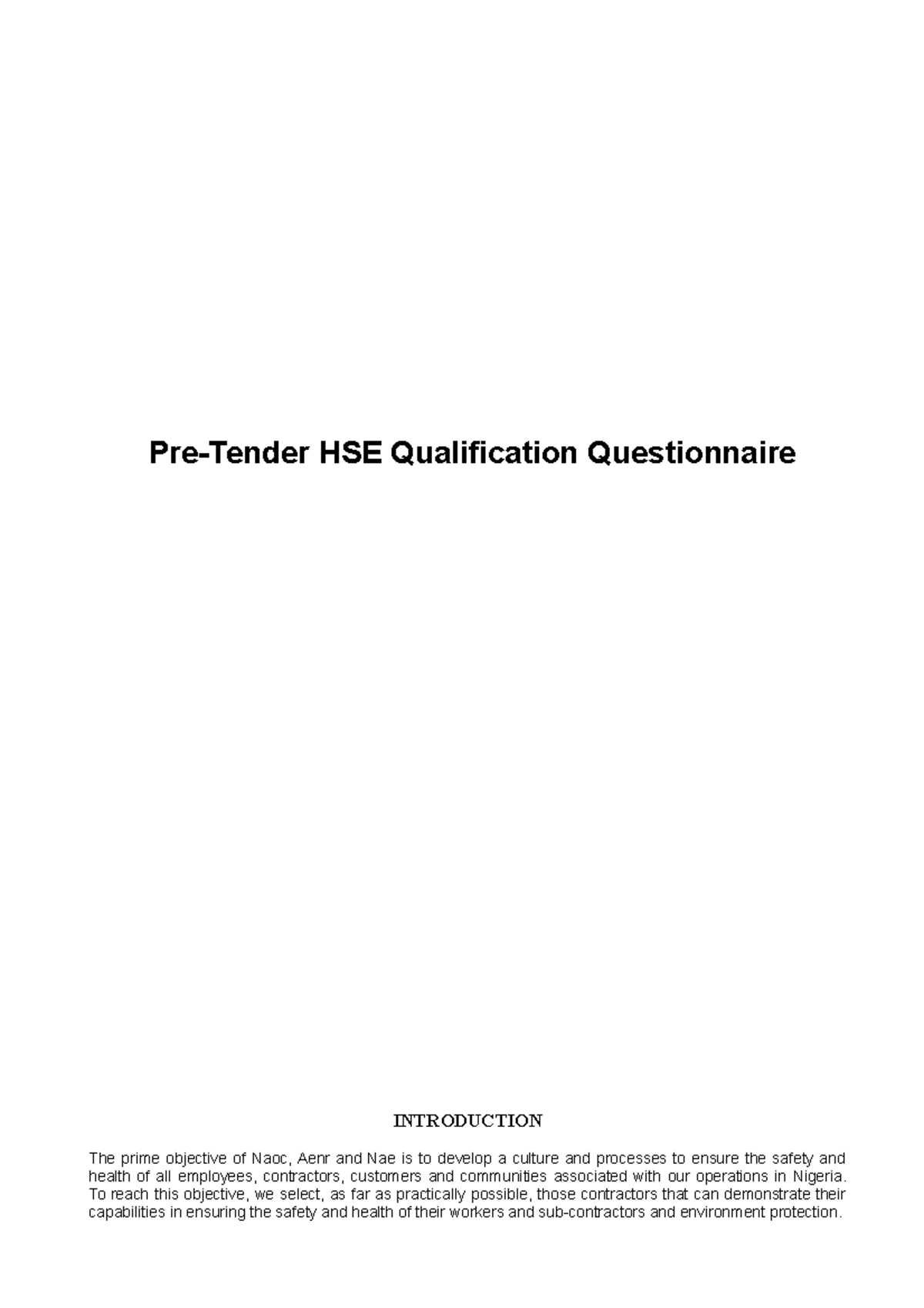 Pdfcoffee hse questionnaires Pdfcoffee hse questionnaires - Pre-Tender HSE Qualification - Studocu