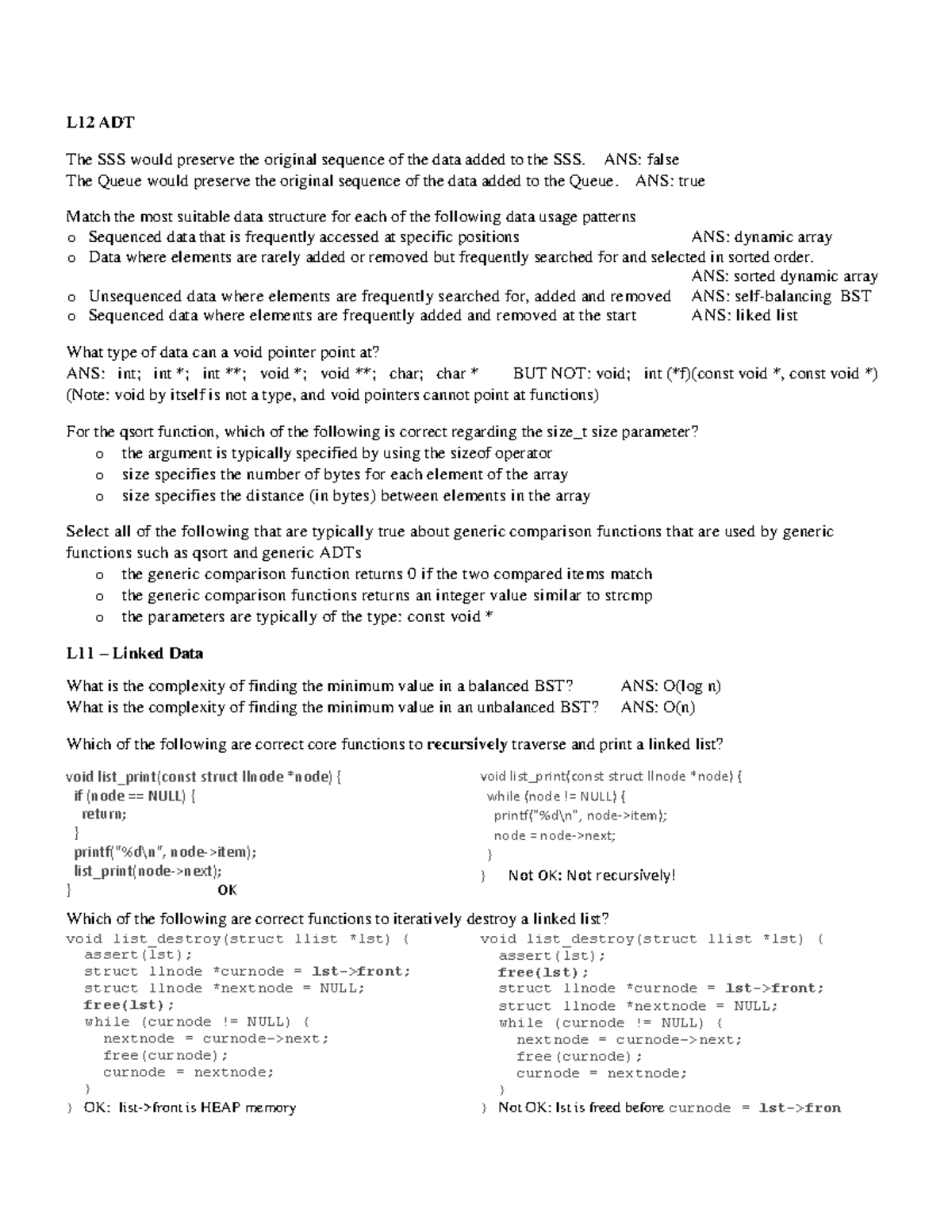 CS136 Quiz - final pracice - L12 ADT The SSS would preserve the ...