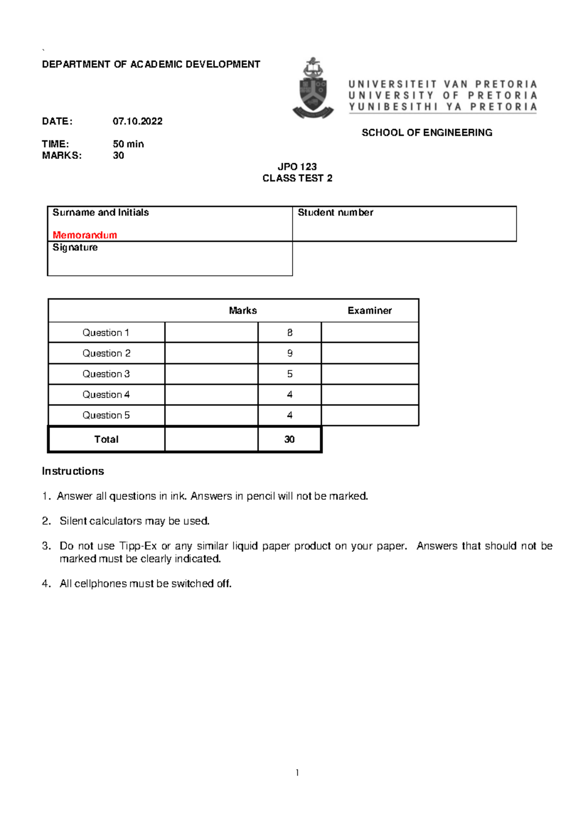 JPO 123 Class test 2 memo 2023 - ` DEPARTMENT OF ACADEMIC DEVELOPMENT ...