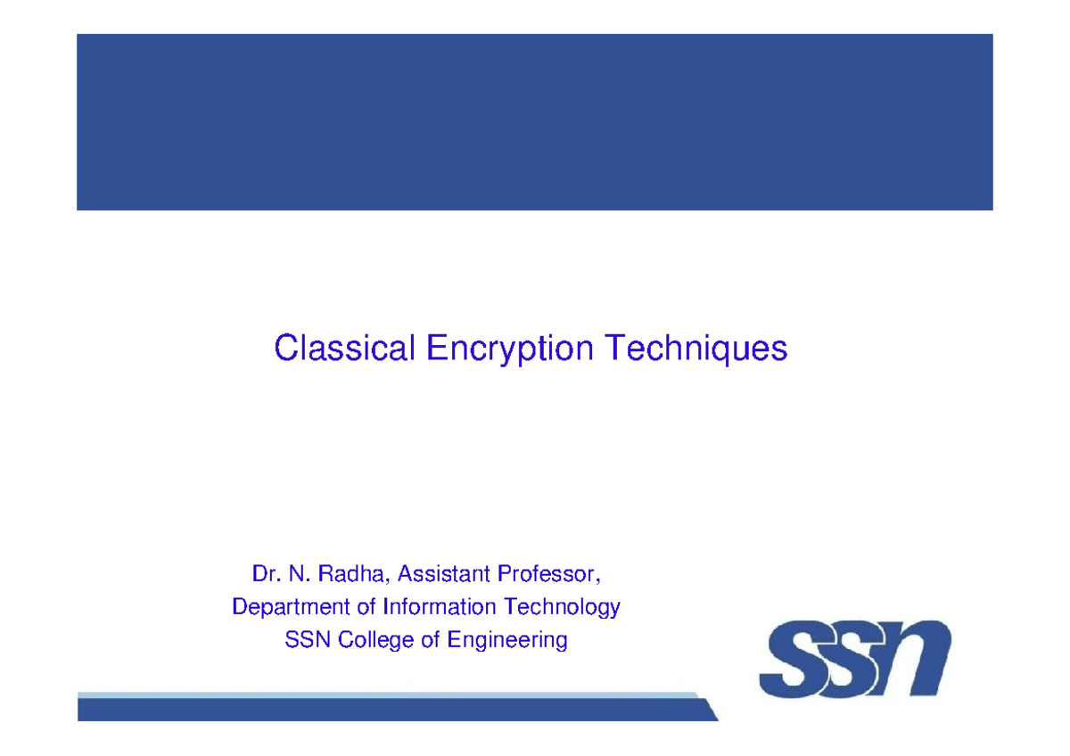 3Casearx - Classical Encryption Techniques CS Dr. N. Radha, Assistant ...