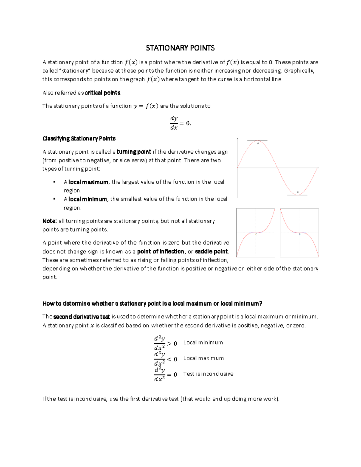 Stationary Points - Covers topics from Arts 1 - STATIONARY POINTS A ...