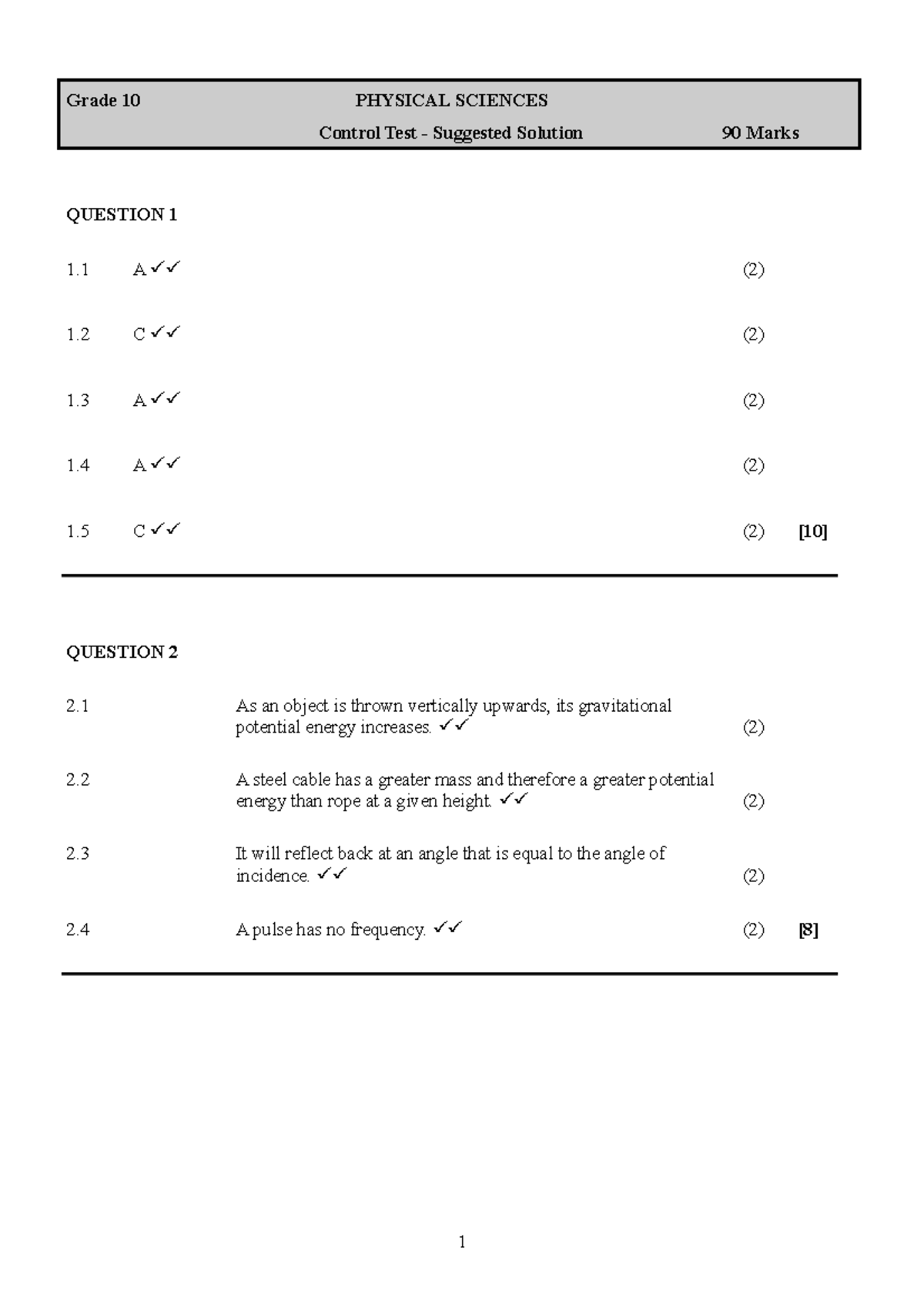 4 Term 1 Test Answers PHYSICS1 Grade 10 PHYSICAL SCIENCES Control