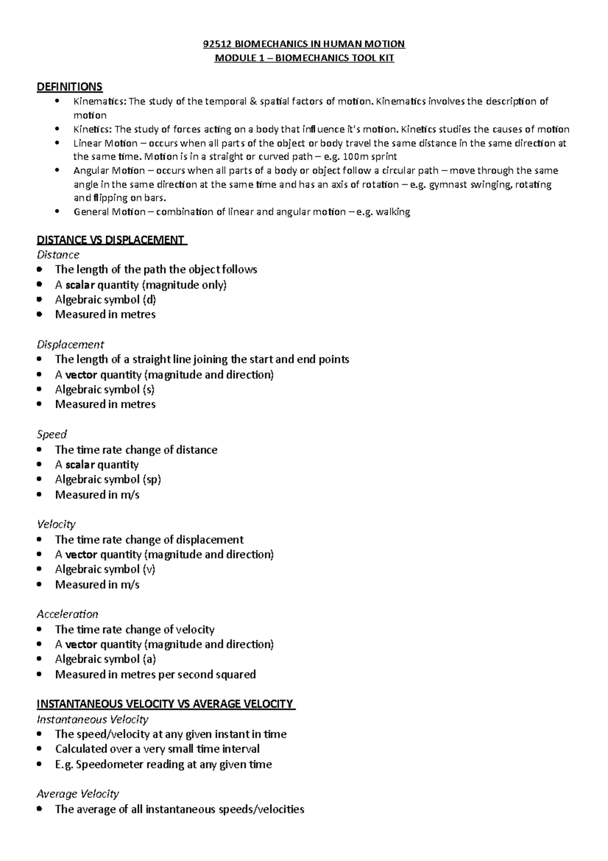 Biomechanics Entire Course Notes Condensed - 92512 BIOMECHANICS IN ...