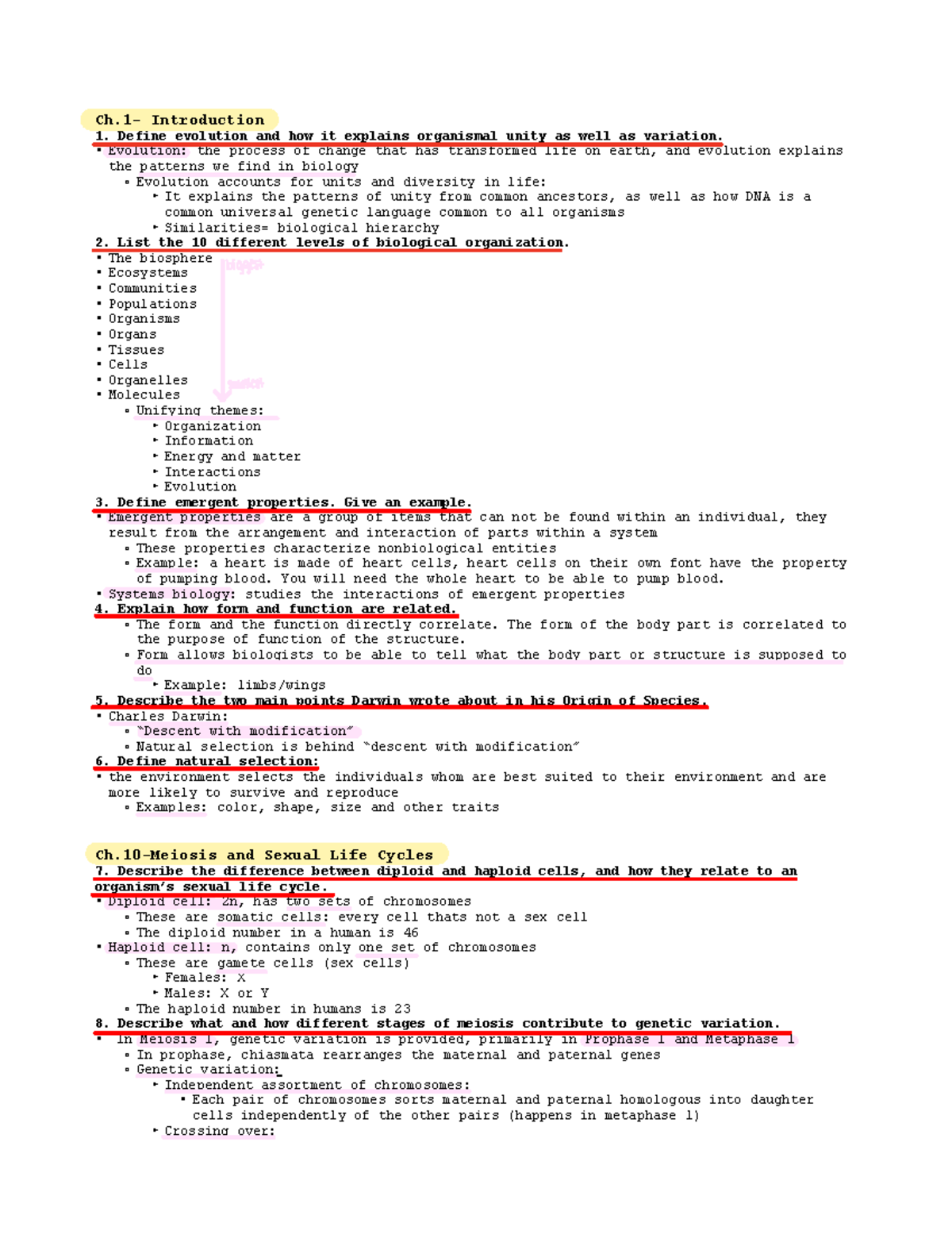 Bio 2 Exam 1 Filled Out Study Guide - Ch- Introduction 1. Define ...