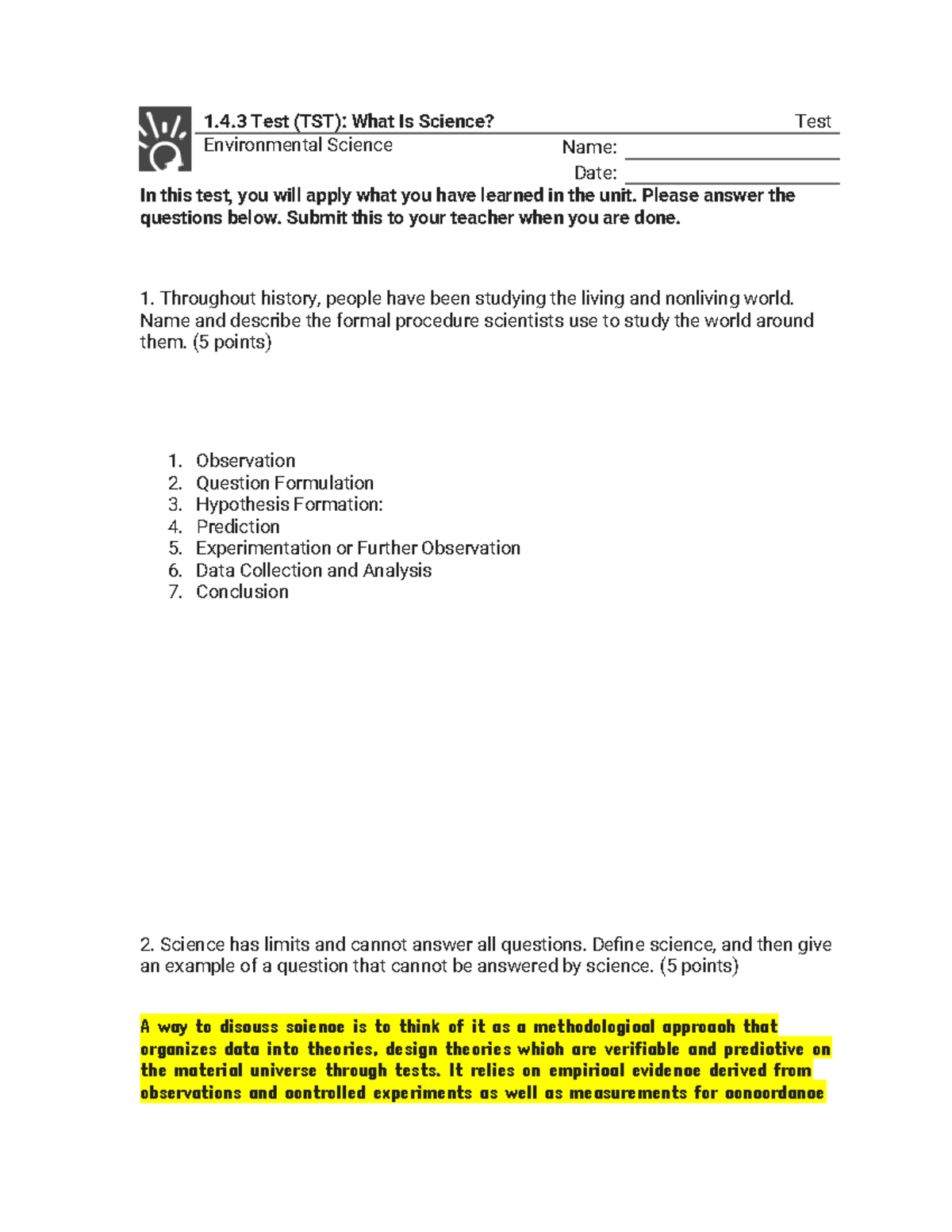 1.4.3 Test (TST) - What Is Science (Test) - 1.4 Test (TST): What Is ...
