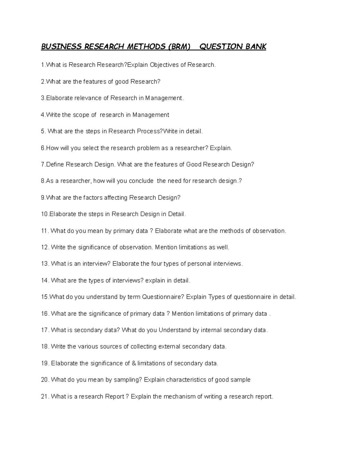 Business Research Methodology Question Bank - BUSINESS RESEARCH METHODS ...