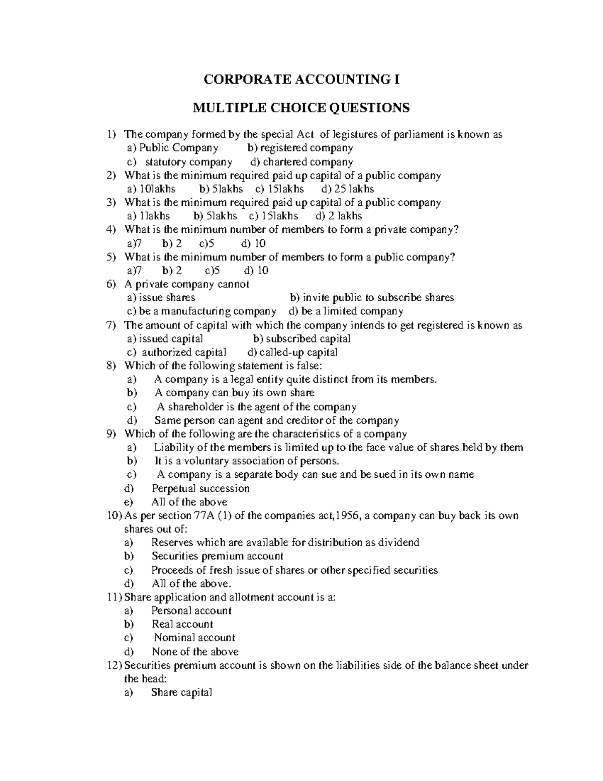 3 Sem Core Corporate Accounting I - CORPORATE ACCOUNTING I MULTIPLE ...
