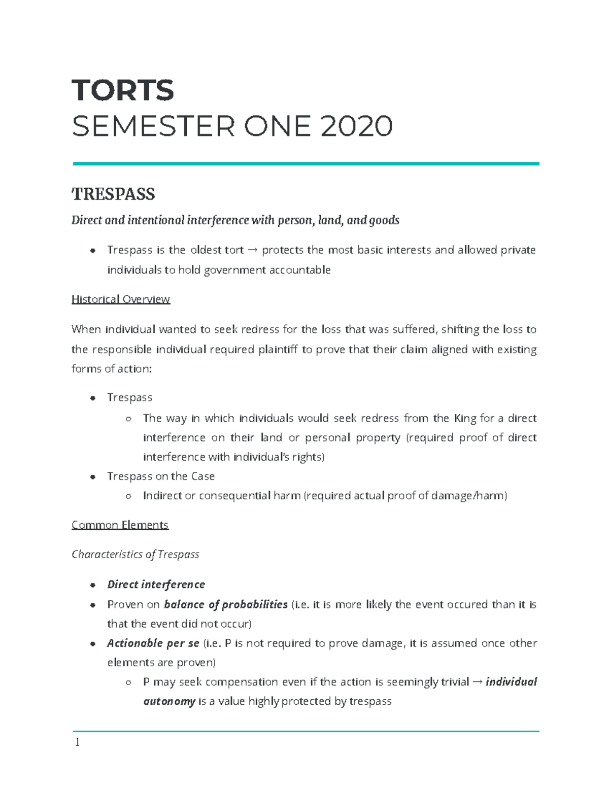 Trespass Notes - Mix of lecture and book - TORTS SEMESTER ONE 2020 ...