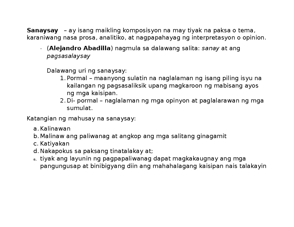Sanaysay - ( Alejandro Abadilla ) nagmula sa dalawang salita: sanay at ...