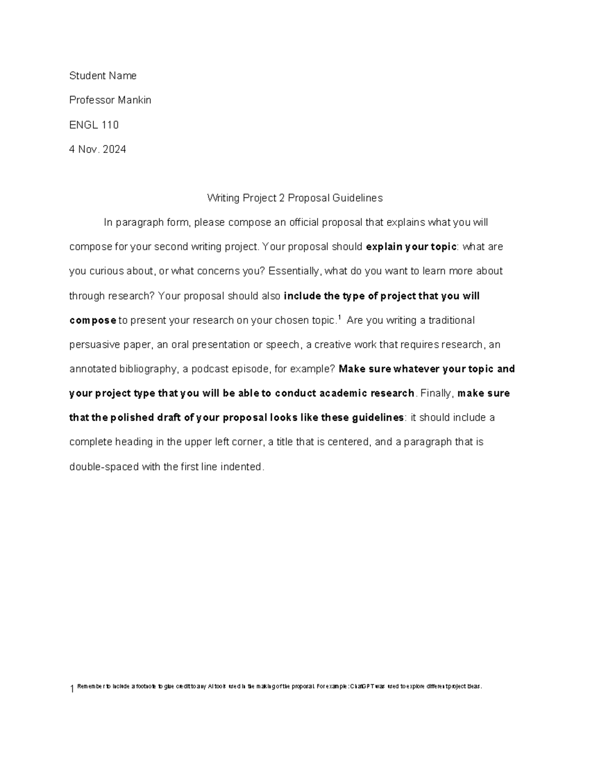 ENGL 110 - Fall 2024 Writing Project 2 Proposal Guidelines - Student ...