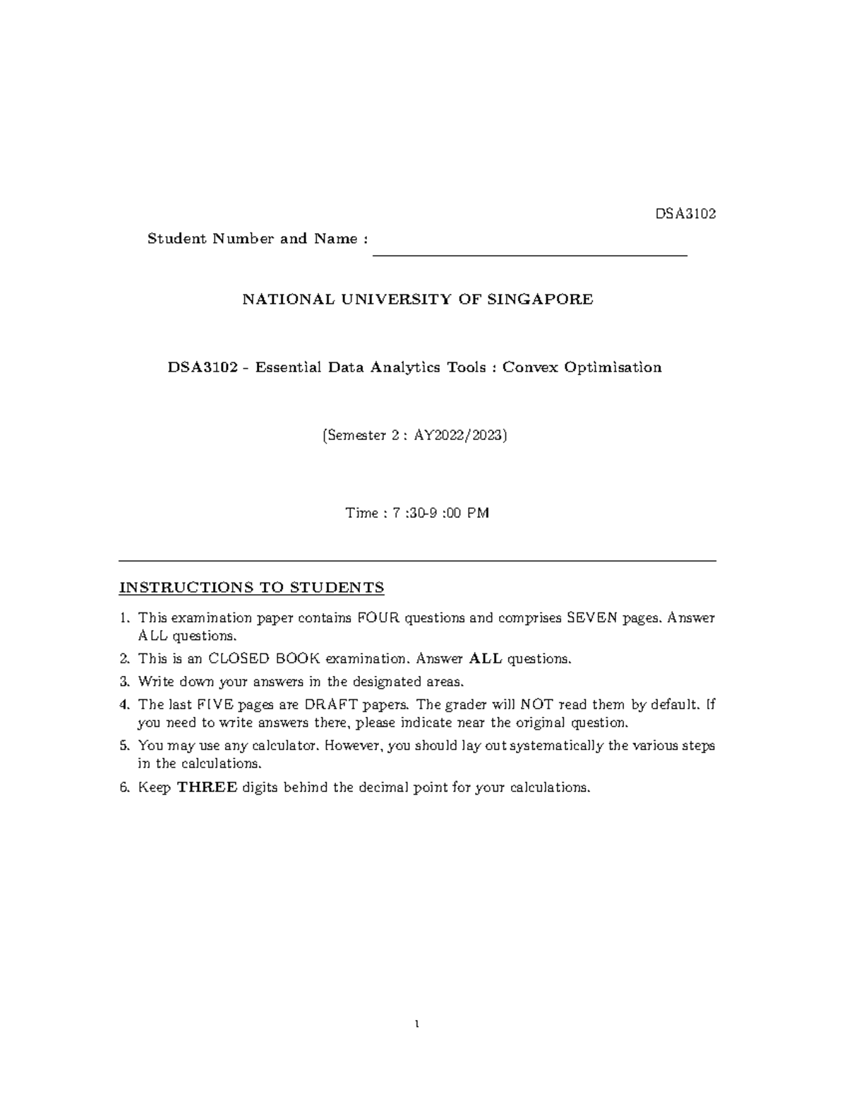 DSA3102 Midterm 2023 - DSA Student Number and Name : NATIONAL UNIVERSITY OF SINGAPORE DSA3102 ...