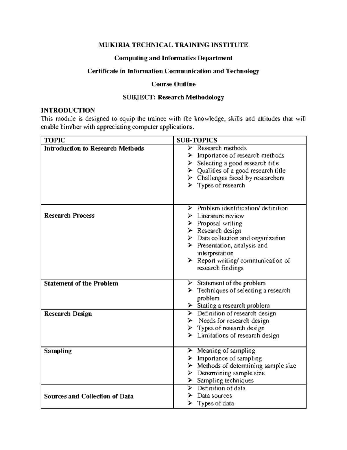 Course Outline for Research Methodology - MUKIRIA TECHNICAL TRAINING ...